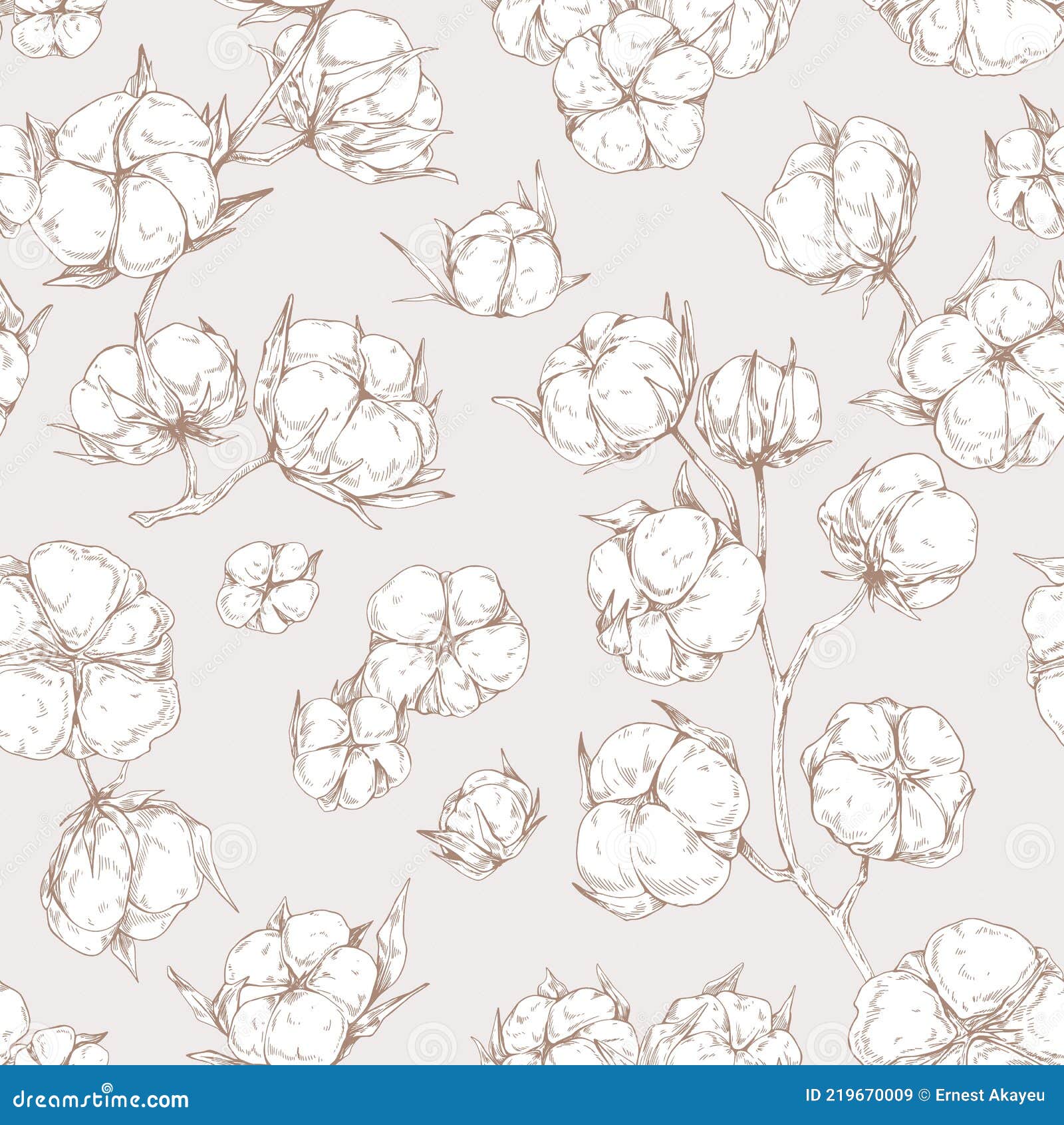 Seamless Botanical Pattern With Outlined Soft Fluffy Cotton Flower ...