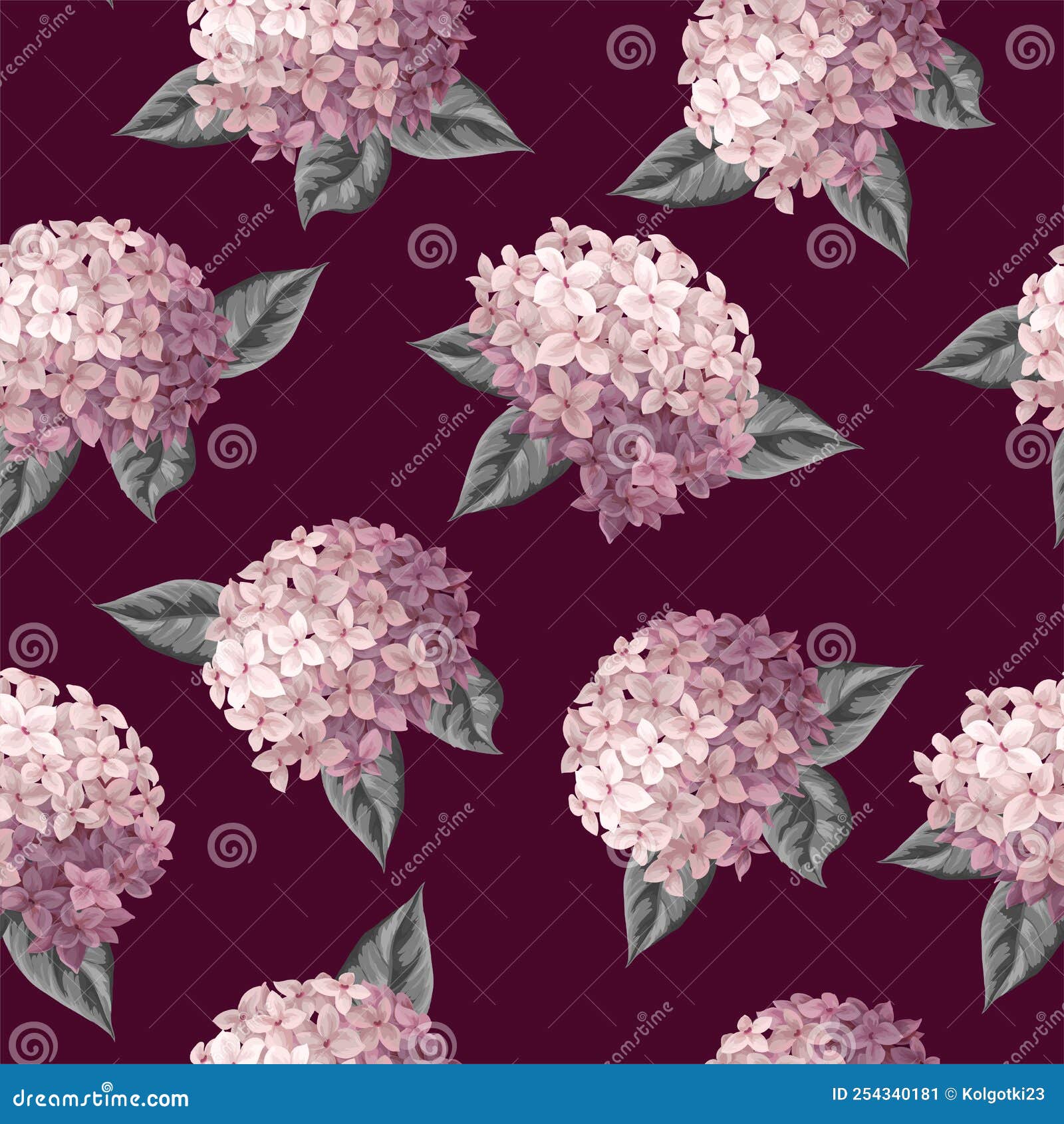 Seamless Botanical Pattern with Pink Hydrangeas. Vector Stock Vector - Illustration of seamless ...