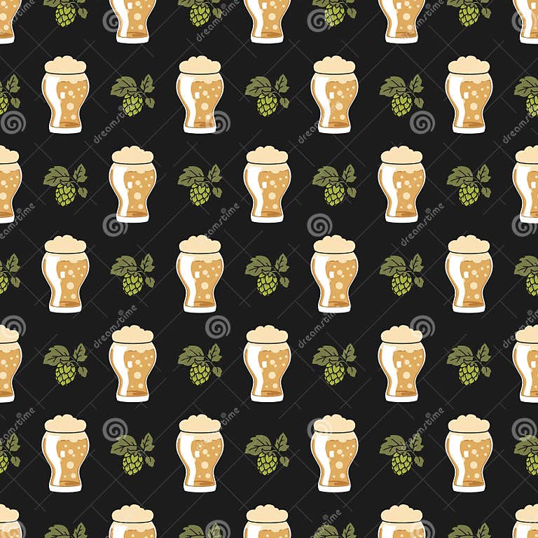 Seamless Brewing Themed Pattern with Hops and Beer Stock Illustration ...