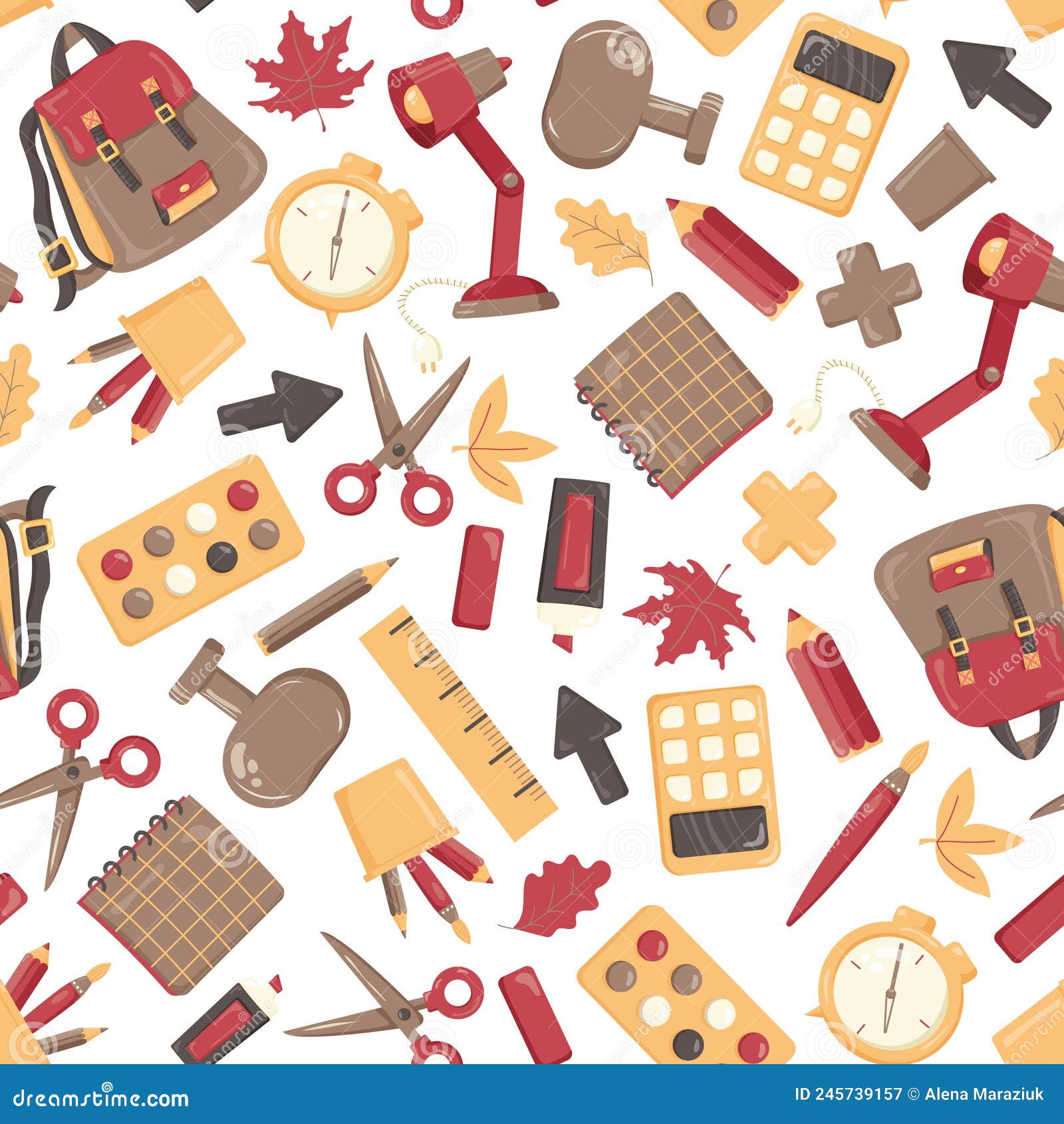 Seamless Bright Pattern of School Supplies on a White Background. Back ...