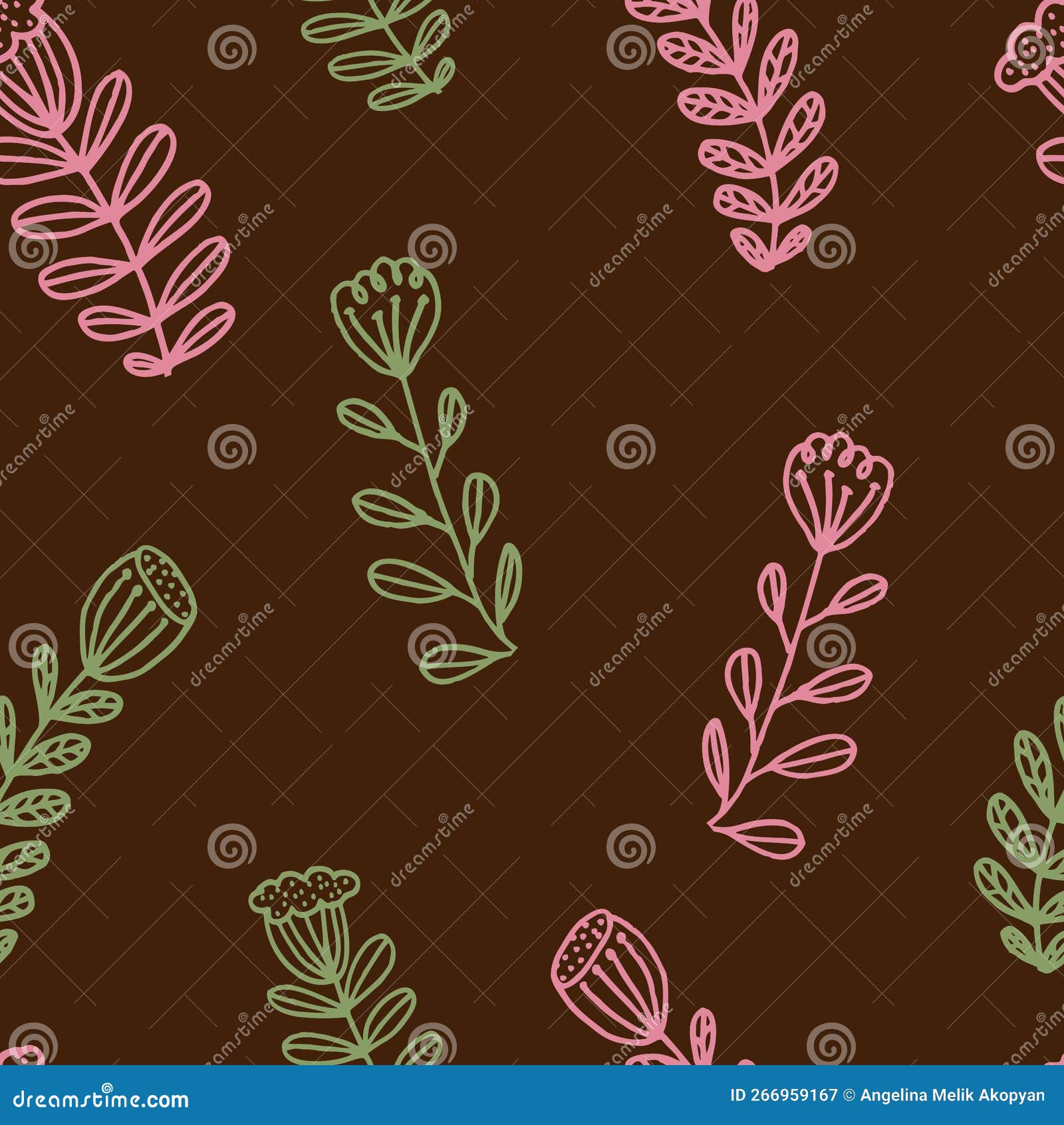 Seamless Brown Pattern with Hand Drawn Flowers. Vector Illustration ...