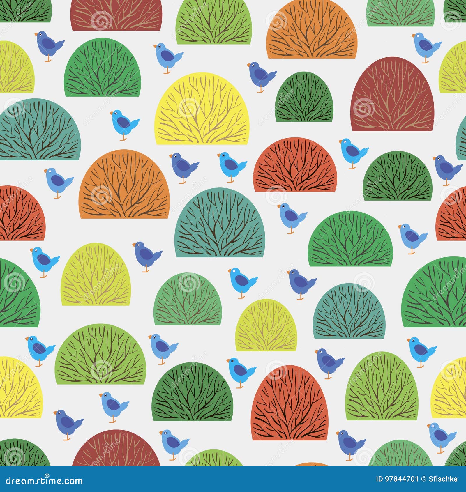 Seamless Bushes and Blue Birds Stock Illustration - Illustration of ...