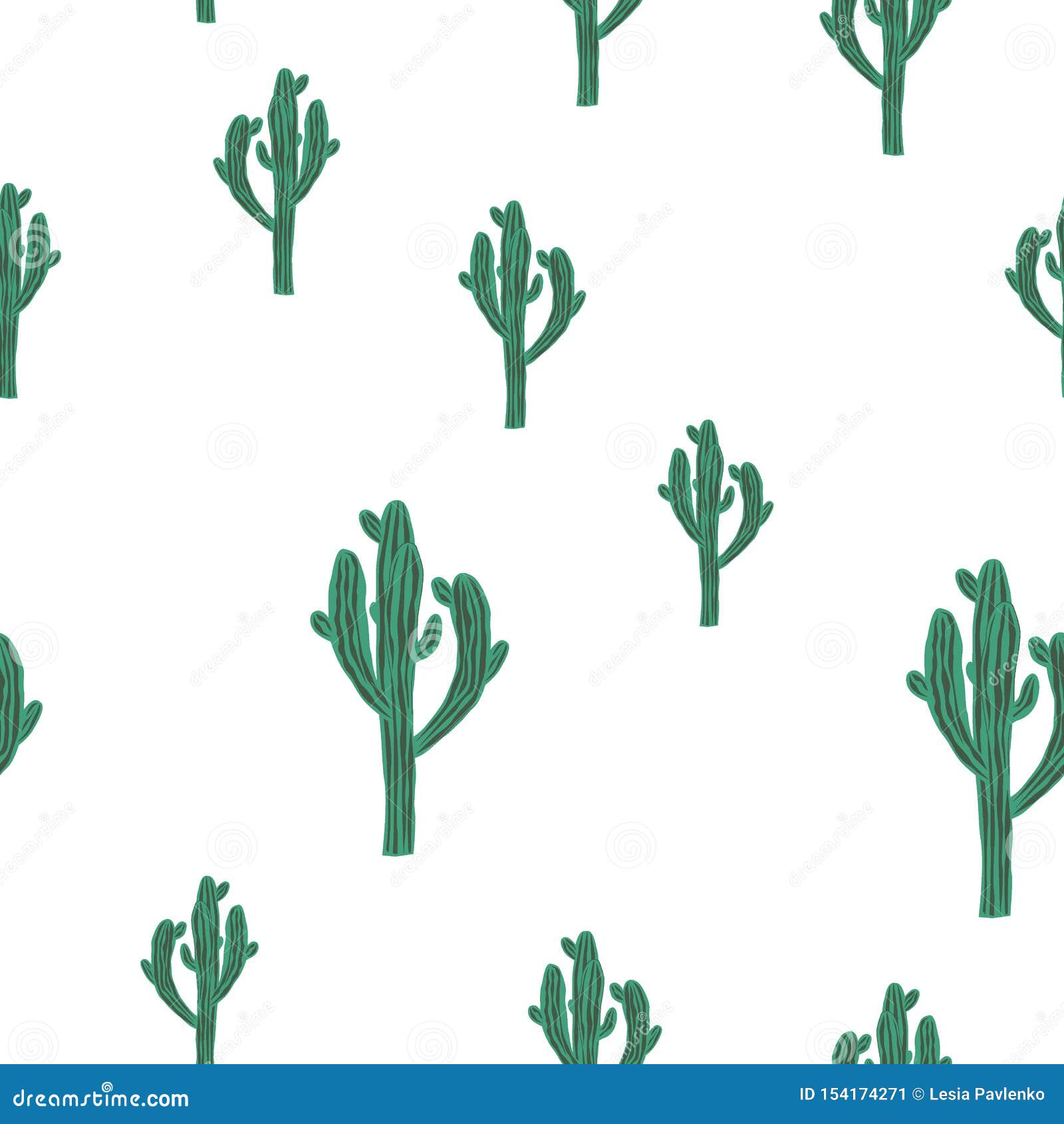 Seamless Cactus Pattern with Vector Green Saguaro Cactus on a White ...