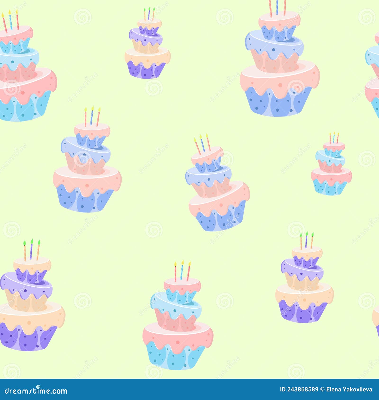 Seamless Cake Pattern Three-layer Cartoon Cakes On Yellow Background ...
