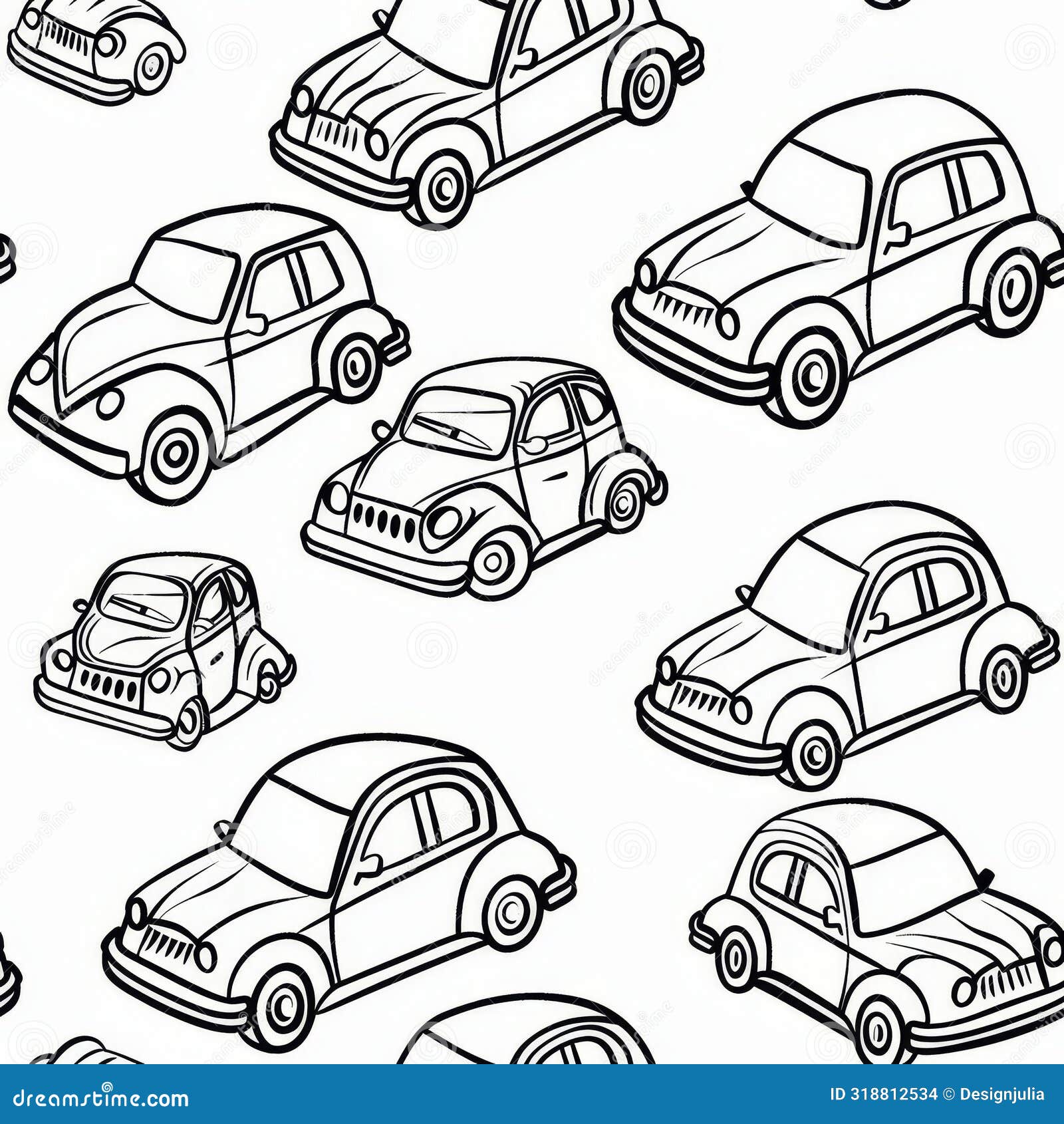 Seamless Car Pattern Coloring Page - Cartoon Style with Various Models ...