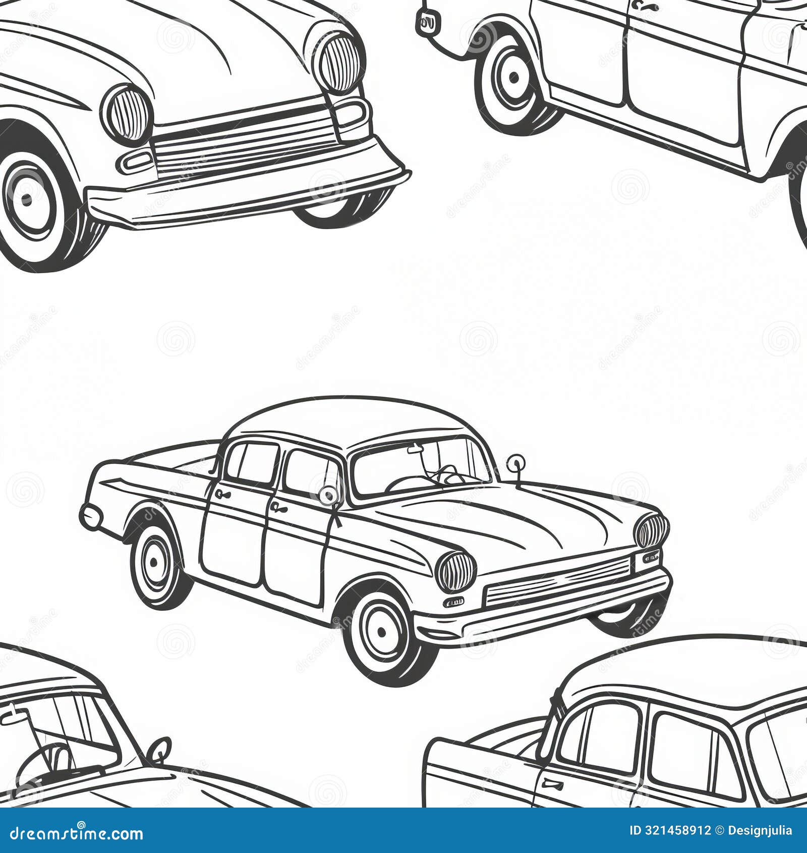 Seamless Car Pattern Coloring Page - Illustrative Style with Various ...