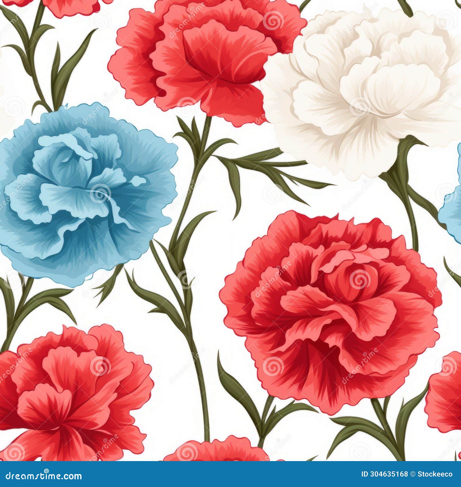 Seamless Carnation Pattern: Elegant Realism in Dark Sky-blue and Light ...
