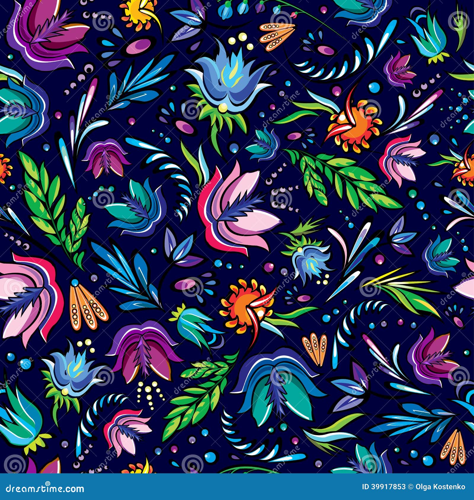 Seamless Cartoon Hand-drawn Pattern with Flowers Stock Vector ...