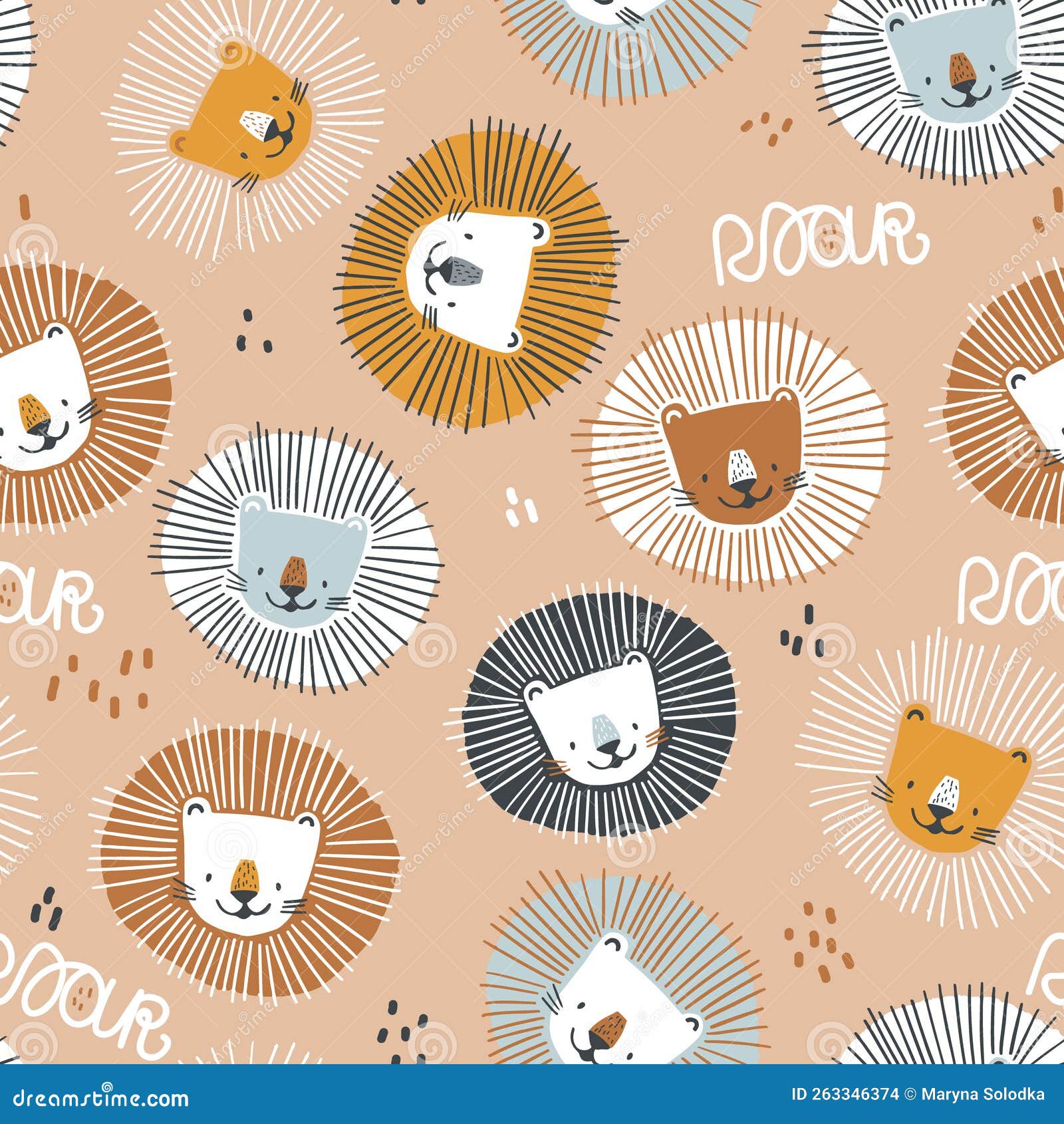 Seamless Cartoon Lion Head Pattern. Childish Animals Texture Stock ...