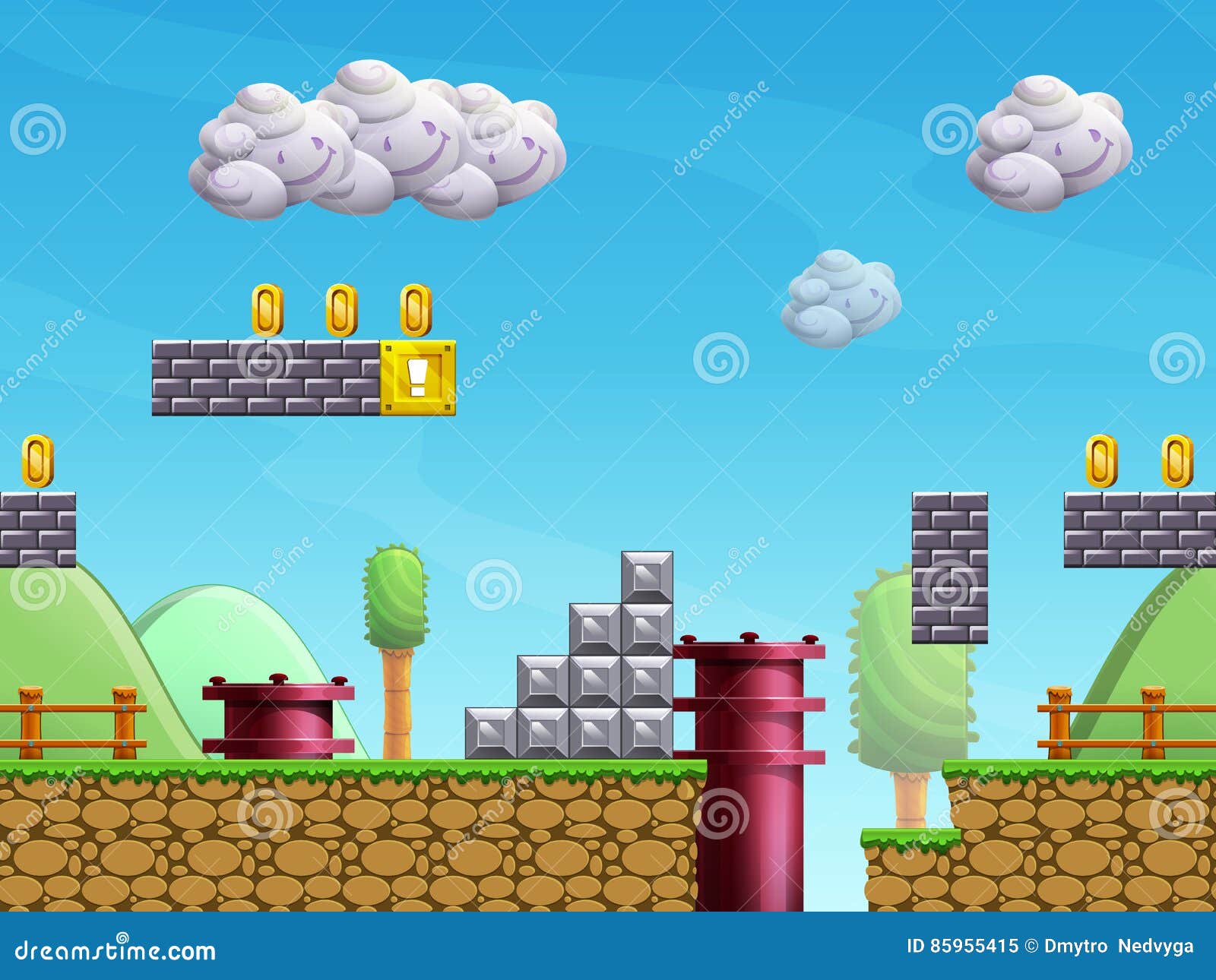 Seamless Cartoon Nature Landscape, Vector Unending Background with ...