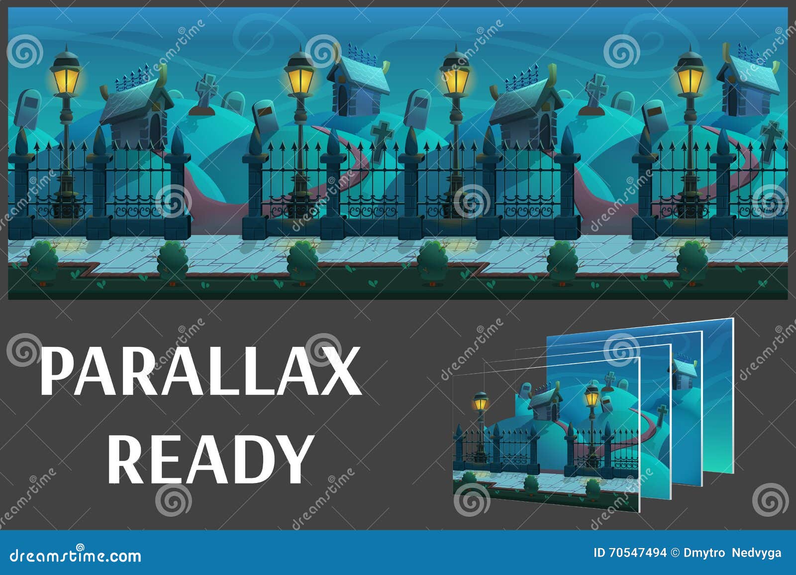 Seamless Cartoon Night Landscape, With Graves And Crypts, Vector ...