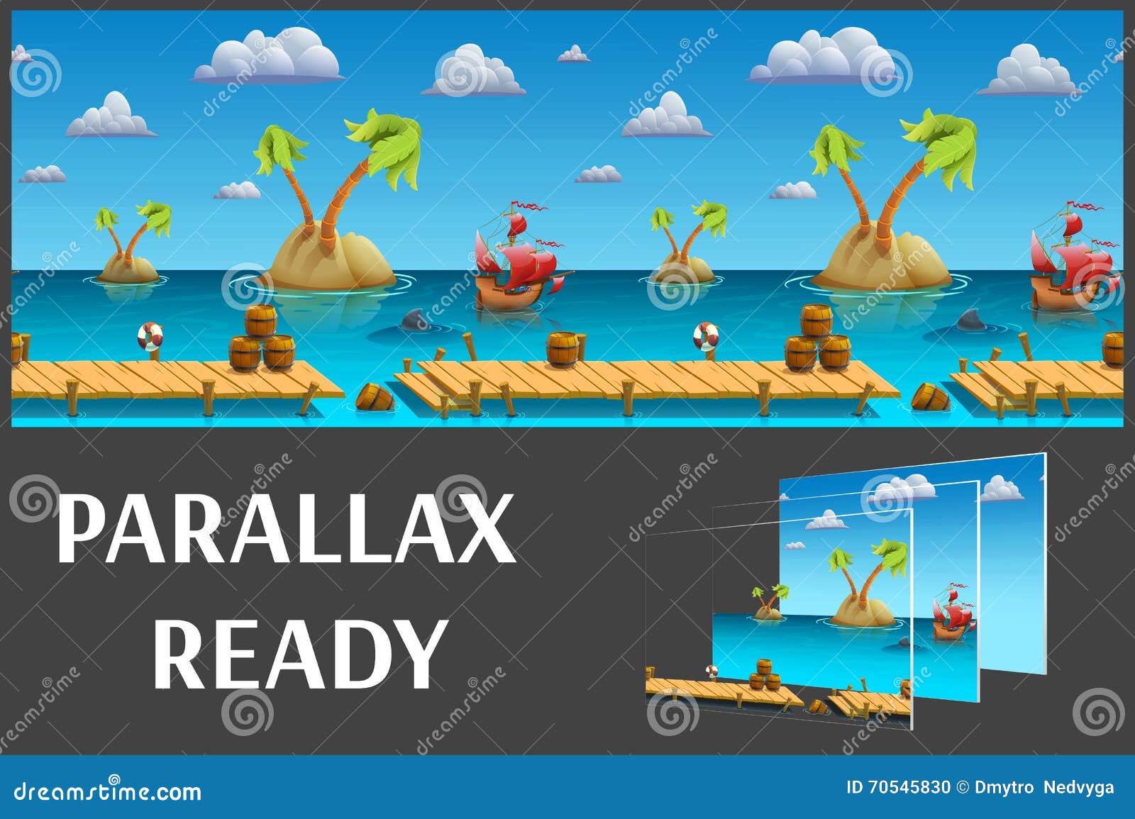 Seamless Cartoon Sea Landscape, Vector Unending Background with ...