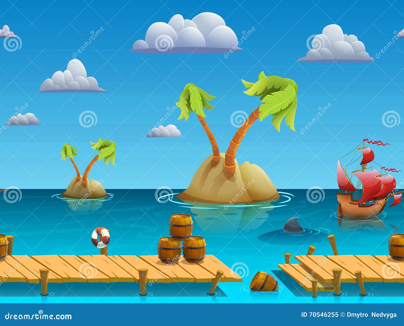 Seamless Cartoon Sea Landscape, Vector Unending Background with ...