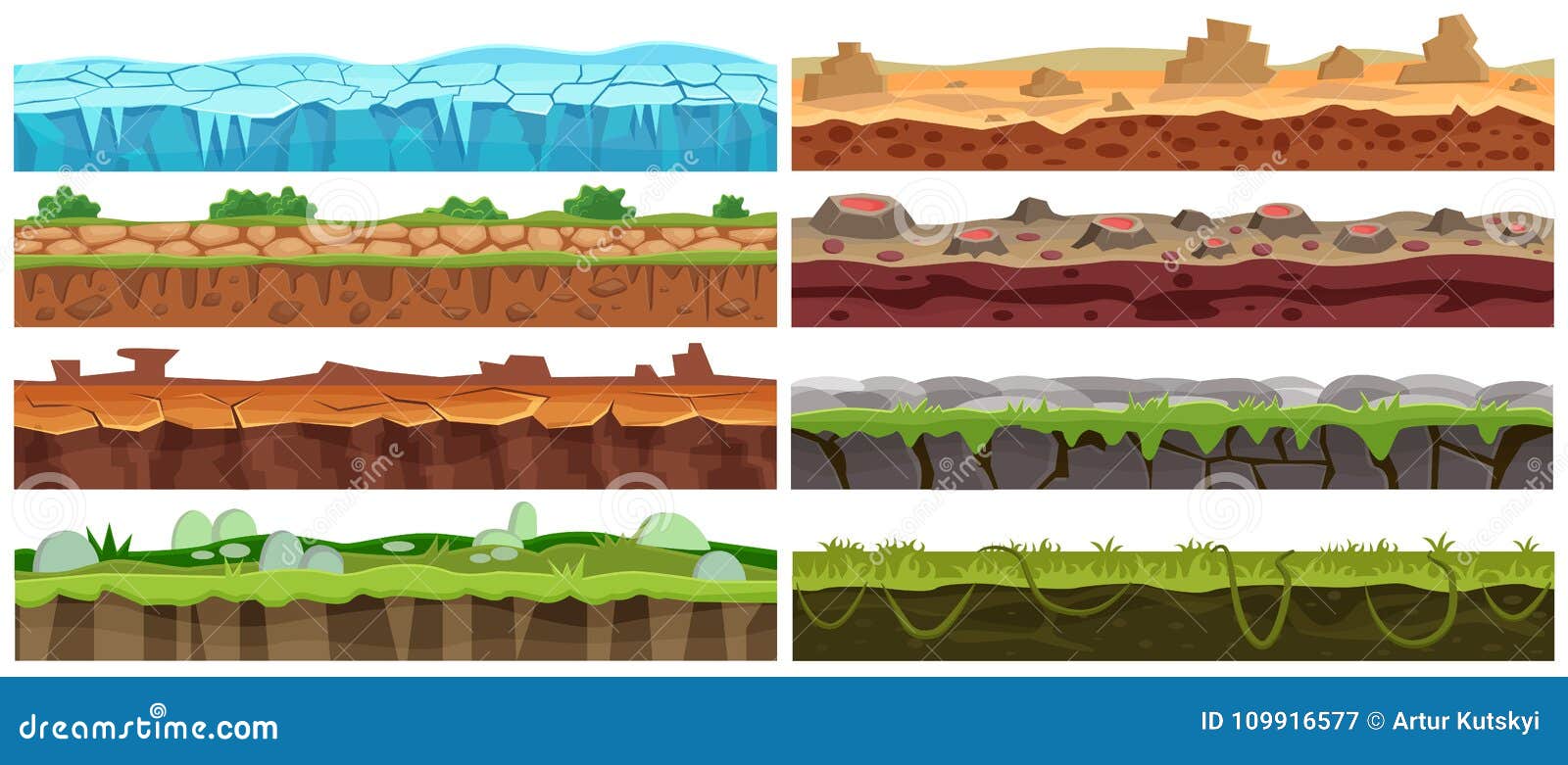 Seamless Cartoon Vector Landscape Design Set. Ground Floor Collection ...