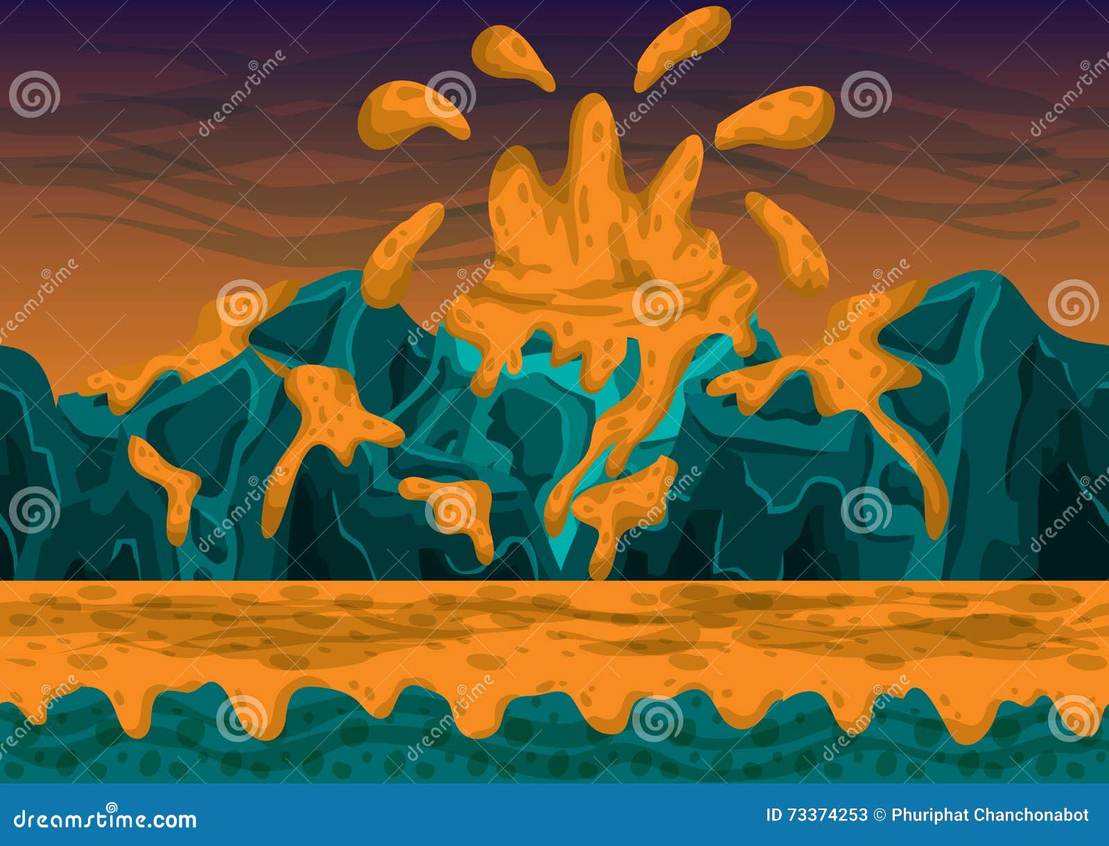 Seamless Cartoon Vector Volcano Background with Separated Layers Stock ...