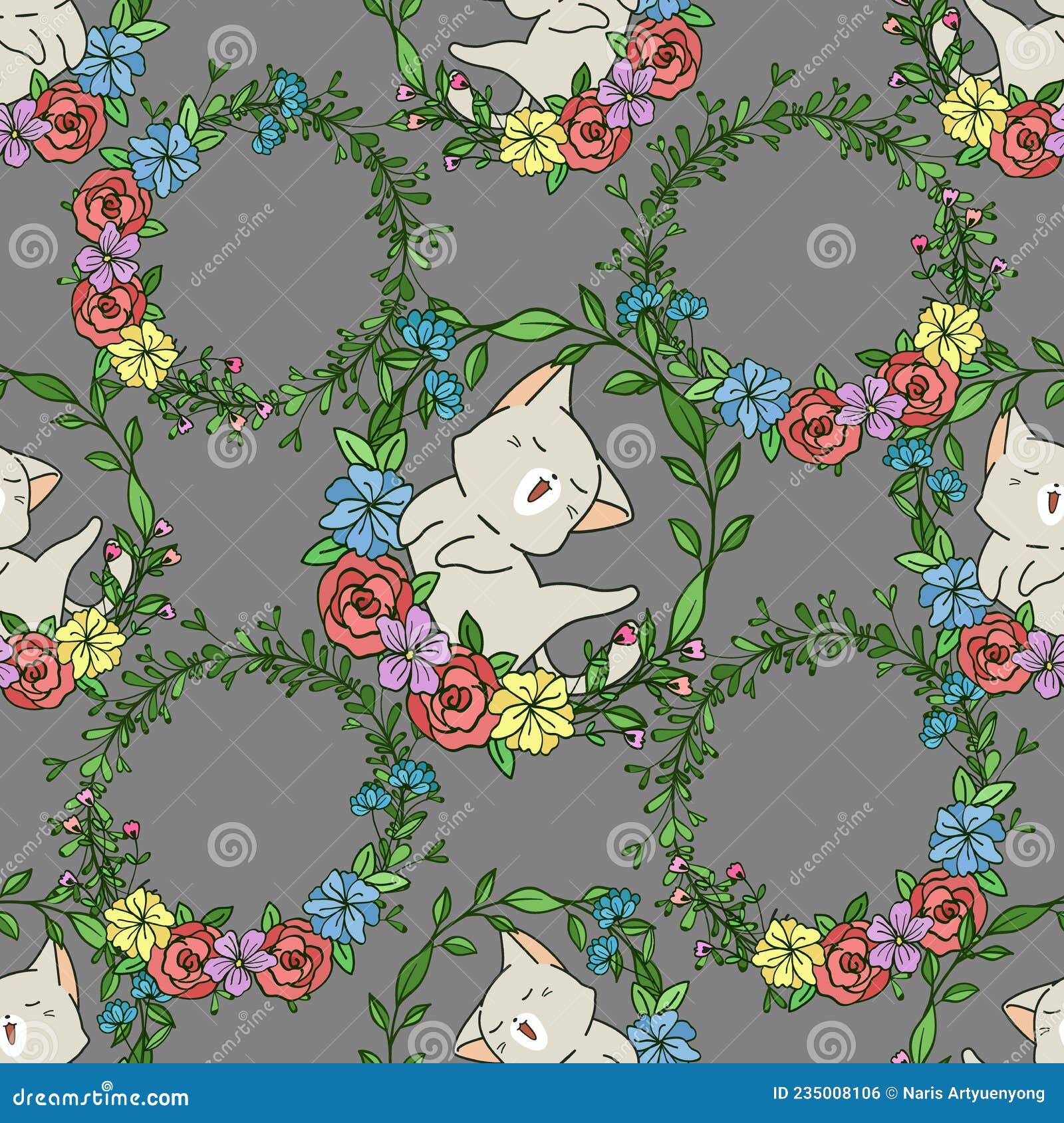 Seamless Cat with Floral Wreath Pattern Stock Vector - Illustration of ...