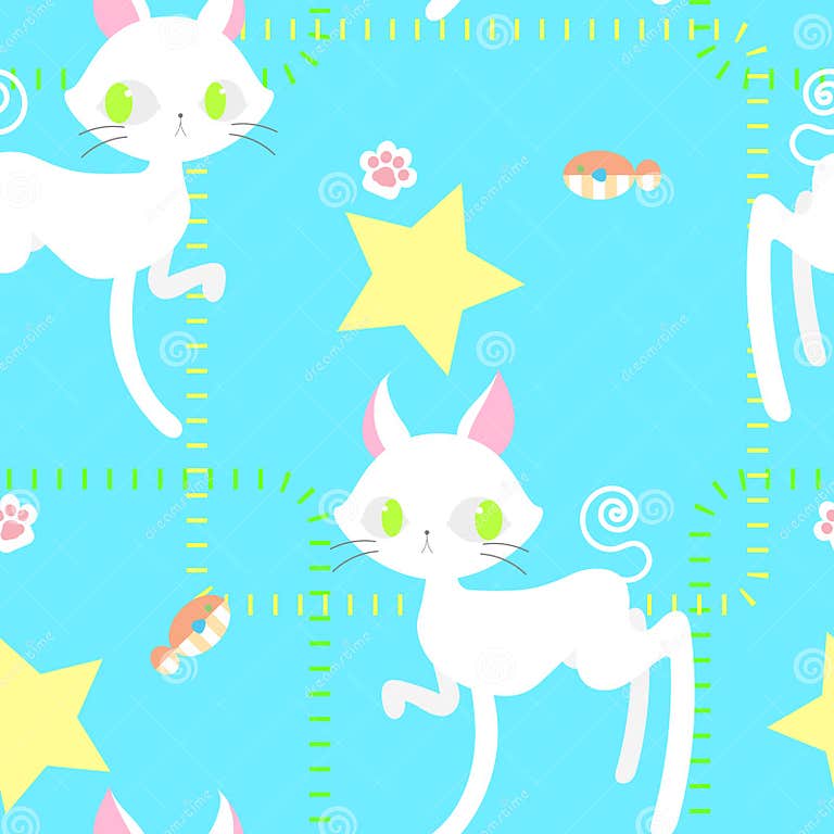 Seamless Cat Repeat Pattern with Foot Print and Fish Stock Vector ...