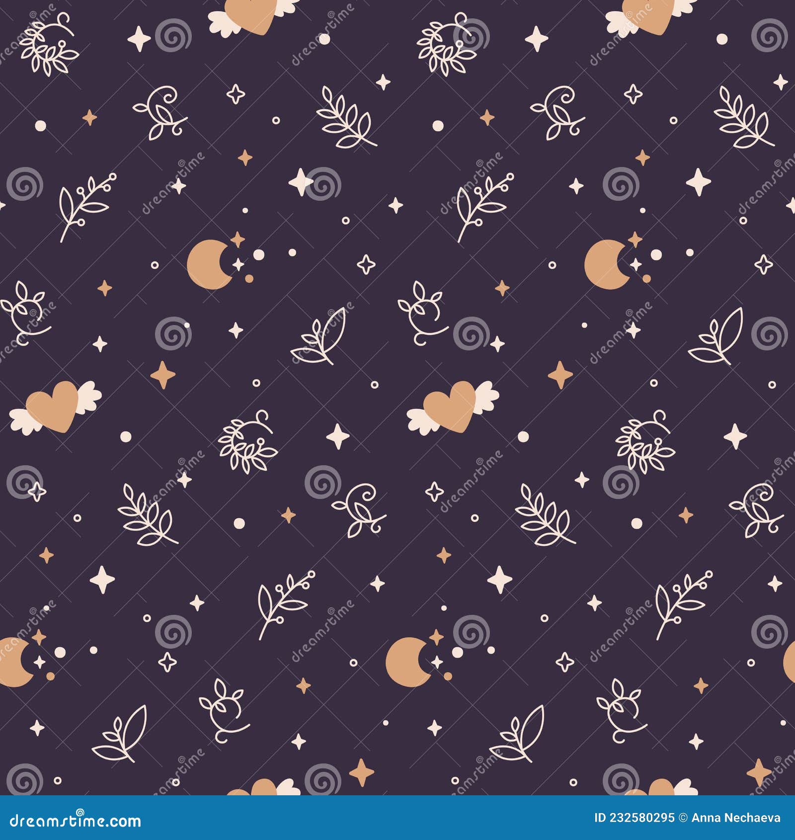 Seamless Celestial Cute Vector Pattern with Moon, Stars, Hearts, Leaves ...