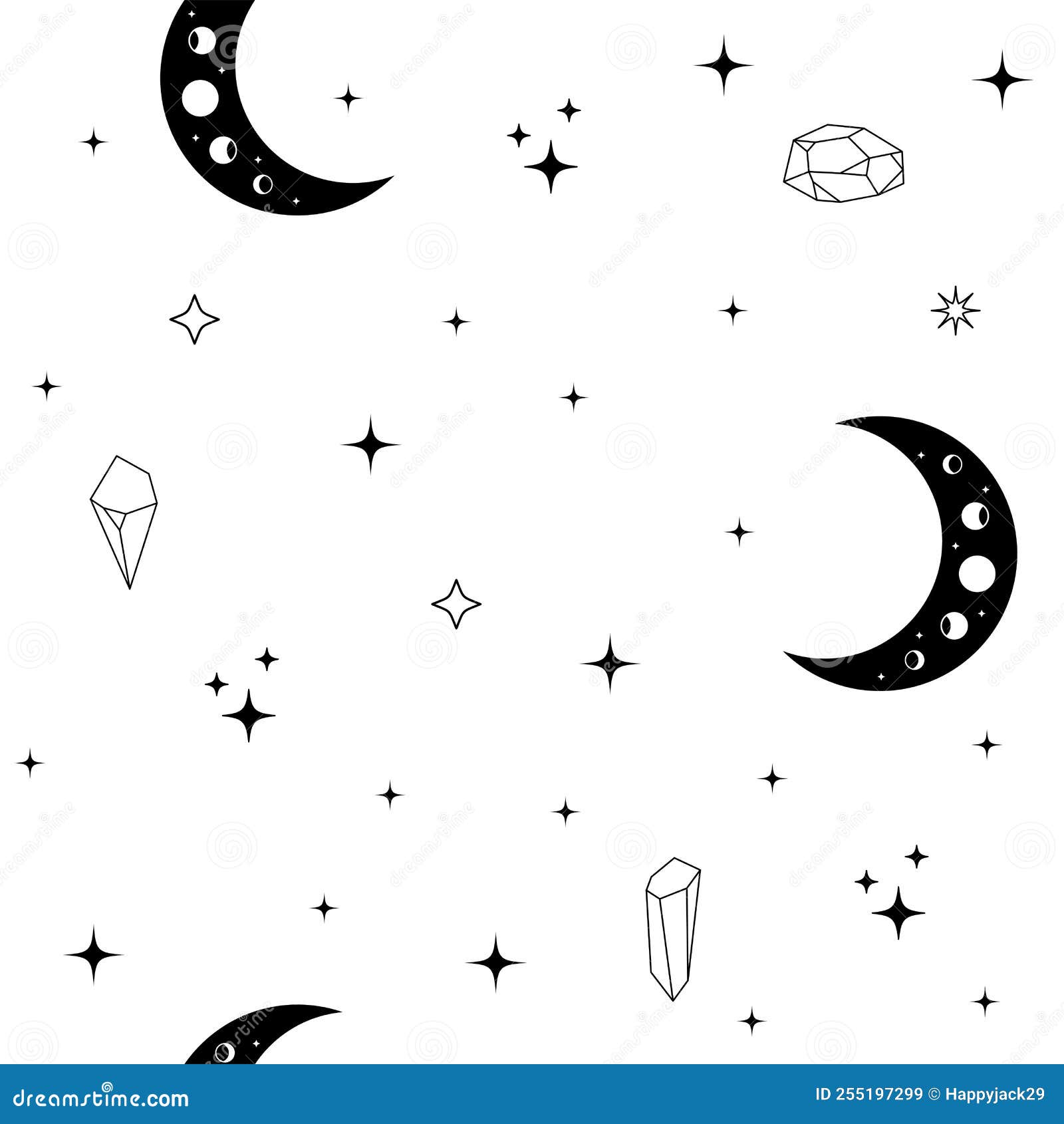 Seamless Celestial Pattern with Moons, Stars and Crystals. Mystic Black ...