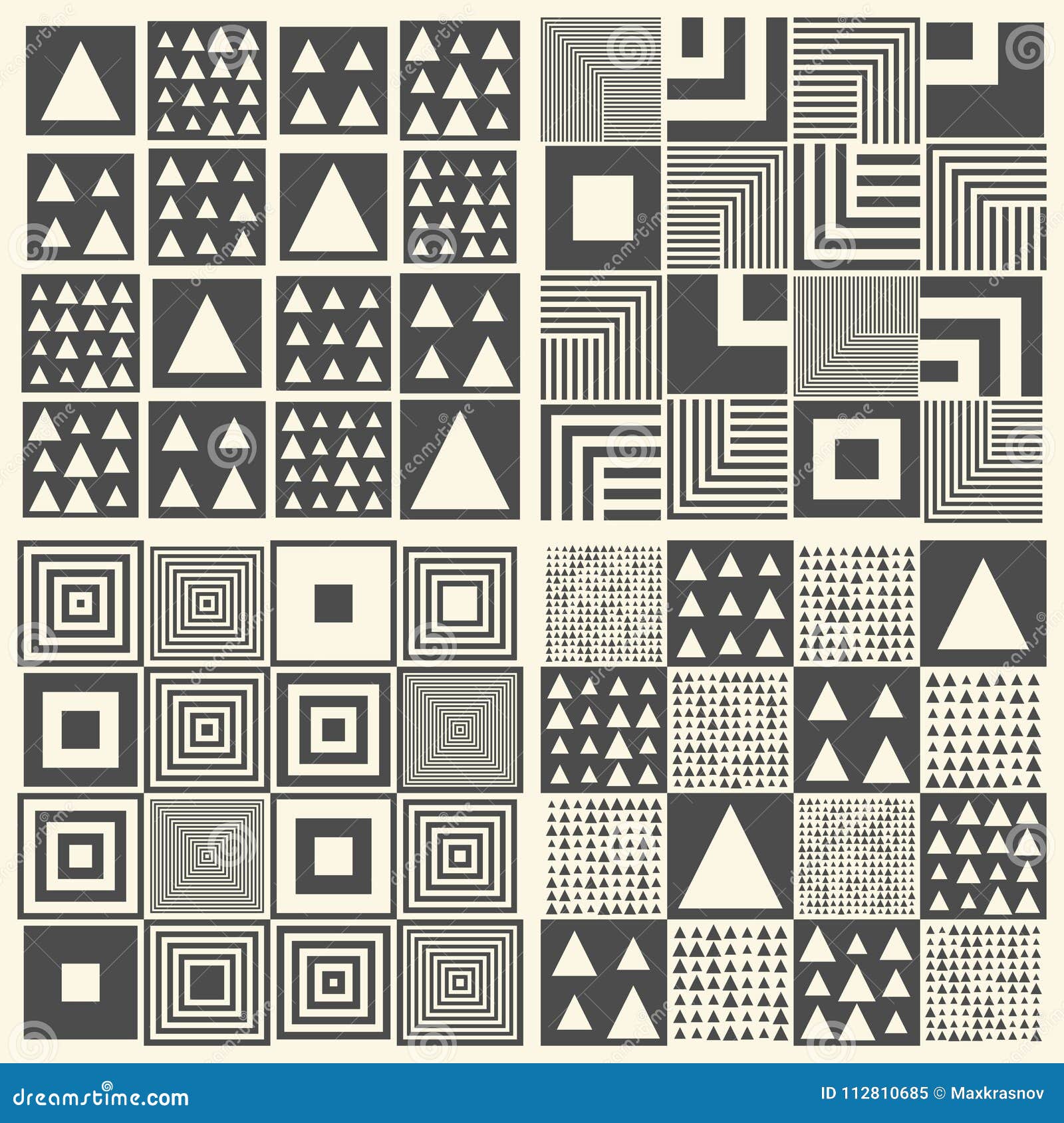 Seamless Chaotic Square and Triangle Pattern Set. Vector Monochrome ...