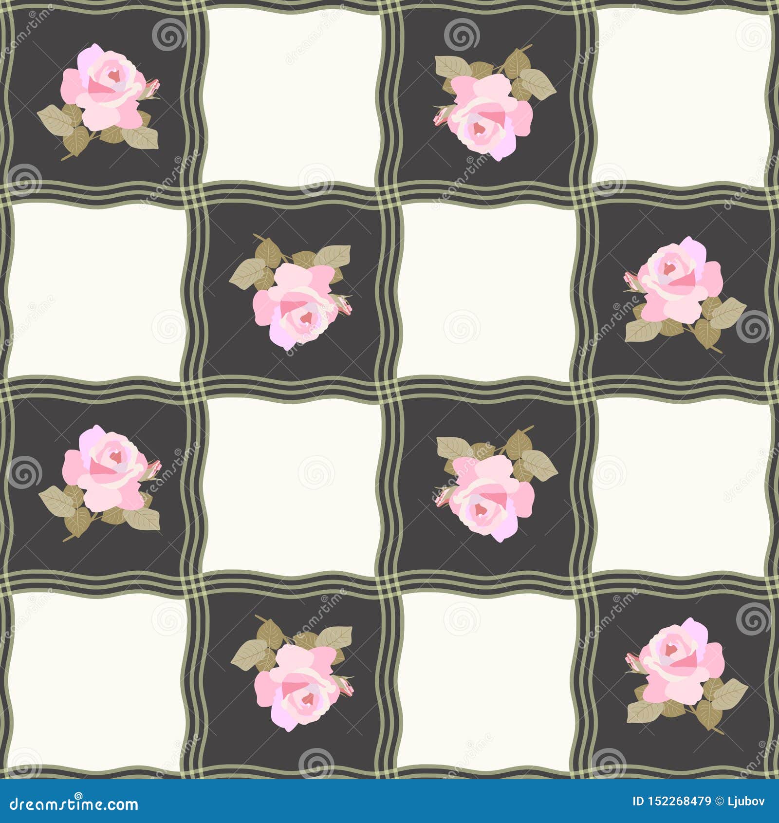 Seamless Checkered Pattern with Rose Flowers. Patchwork Style Stock ...