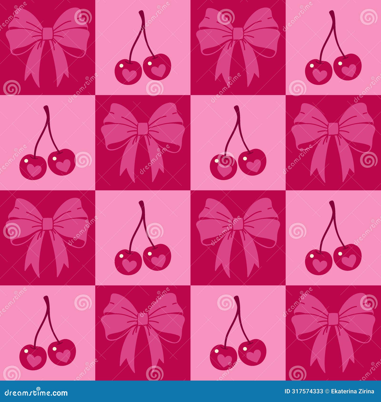 Seamless Checkered Pink Pattern with Cherries and Bows. Vector Graphics ...