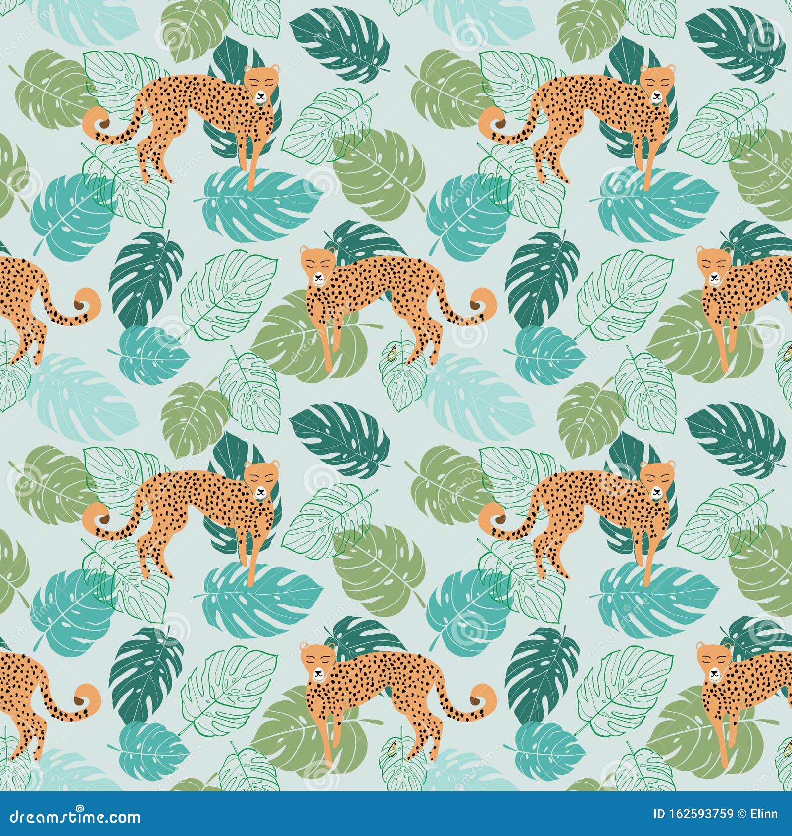 Seamless Cheetah Pattern and Tropical Leaves Stock Illustration ...