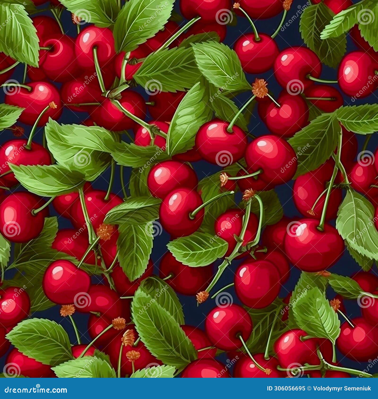 Seamless Cherry Pattern. Lots of Ripe Red Cherries in Emerald Leaves on ...