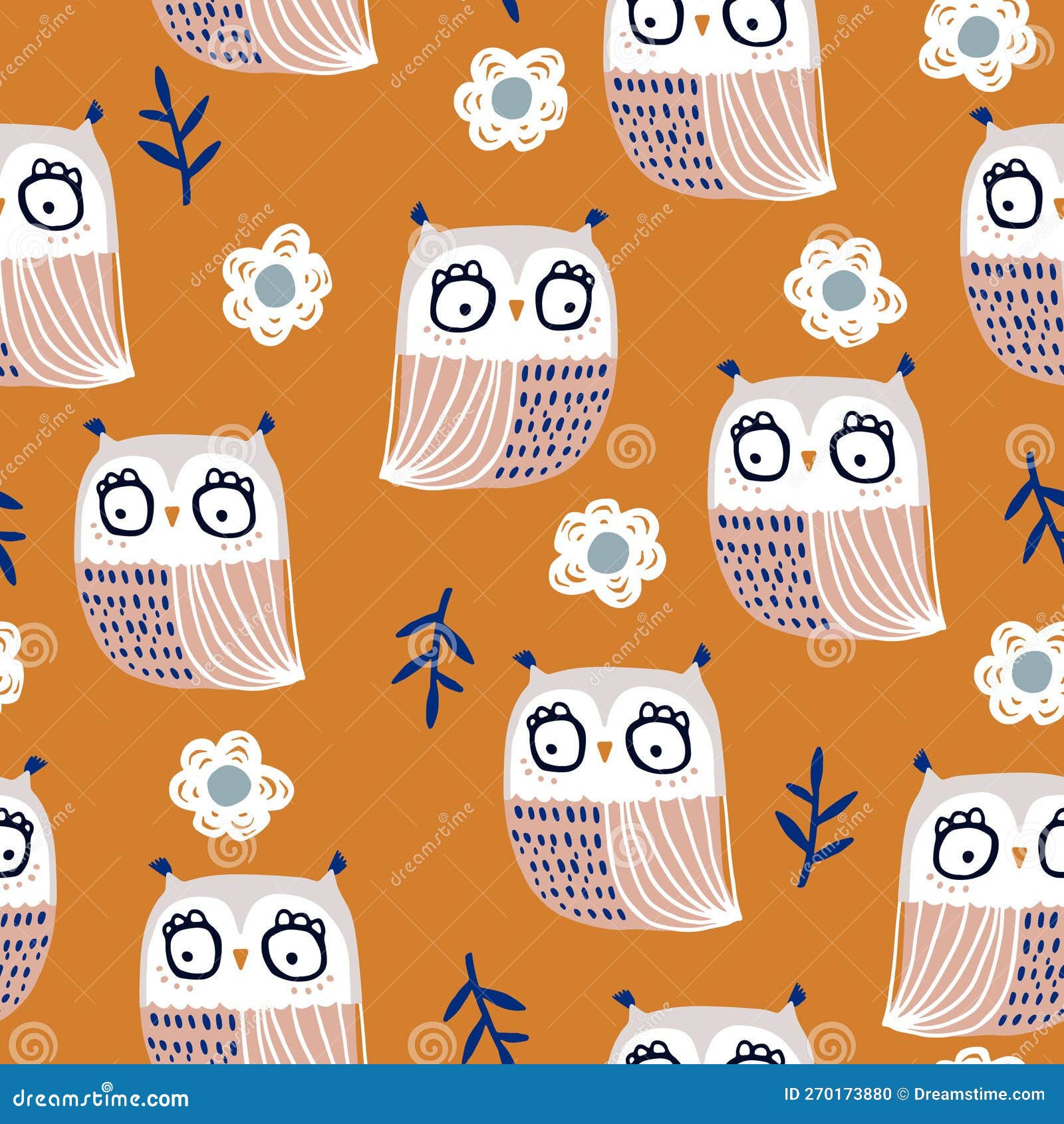 Seamless Childish Pattern with Cute Owls and Flowers. Vector Texture ...