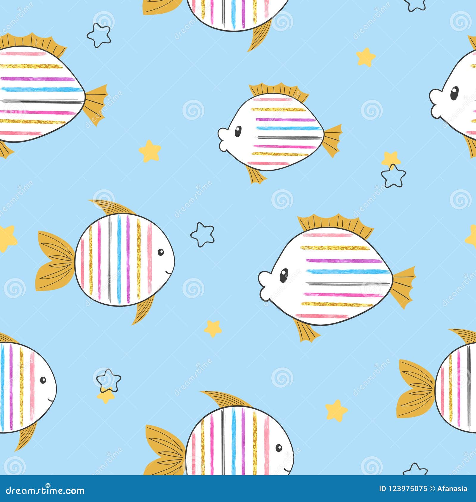 Seamless Childish Pattern with Doodle Striped Fish. Stock Vector ...