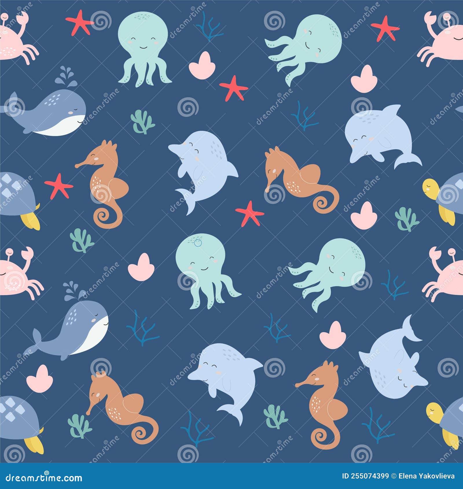 Seamless Children S Sea Animals Pattern on Dark Background. Vector ...