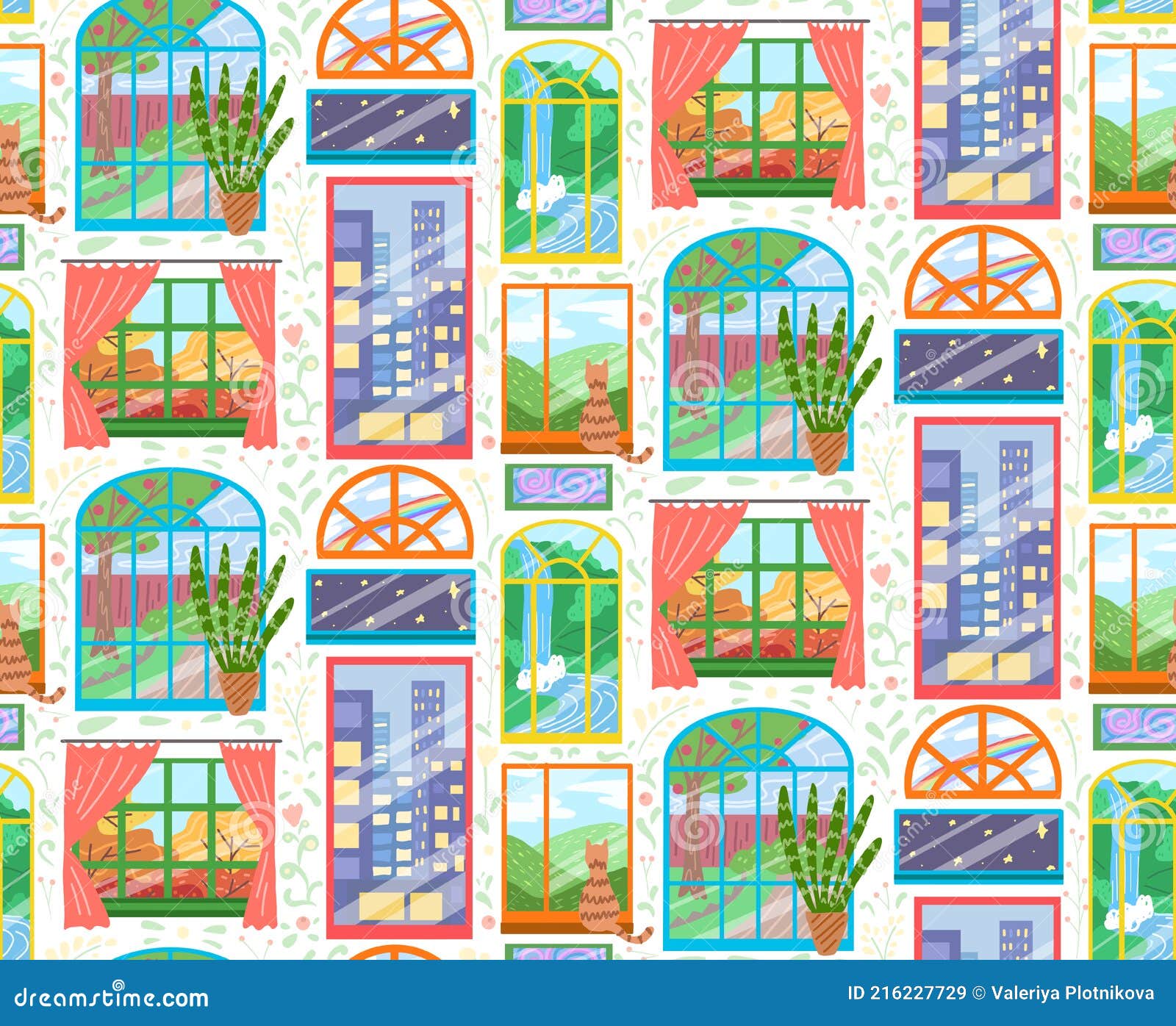 Seamless Childrens Bright Texture Of Various Windows With A Floral ...