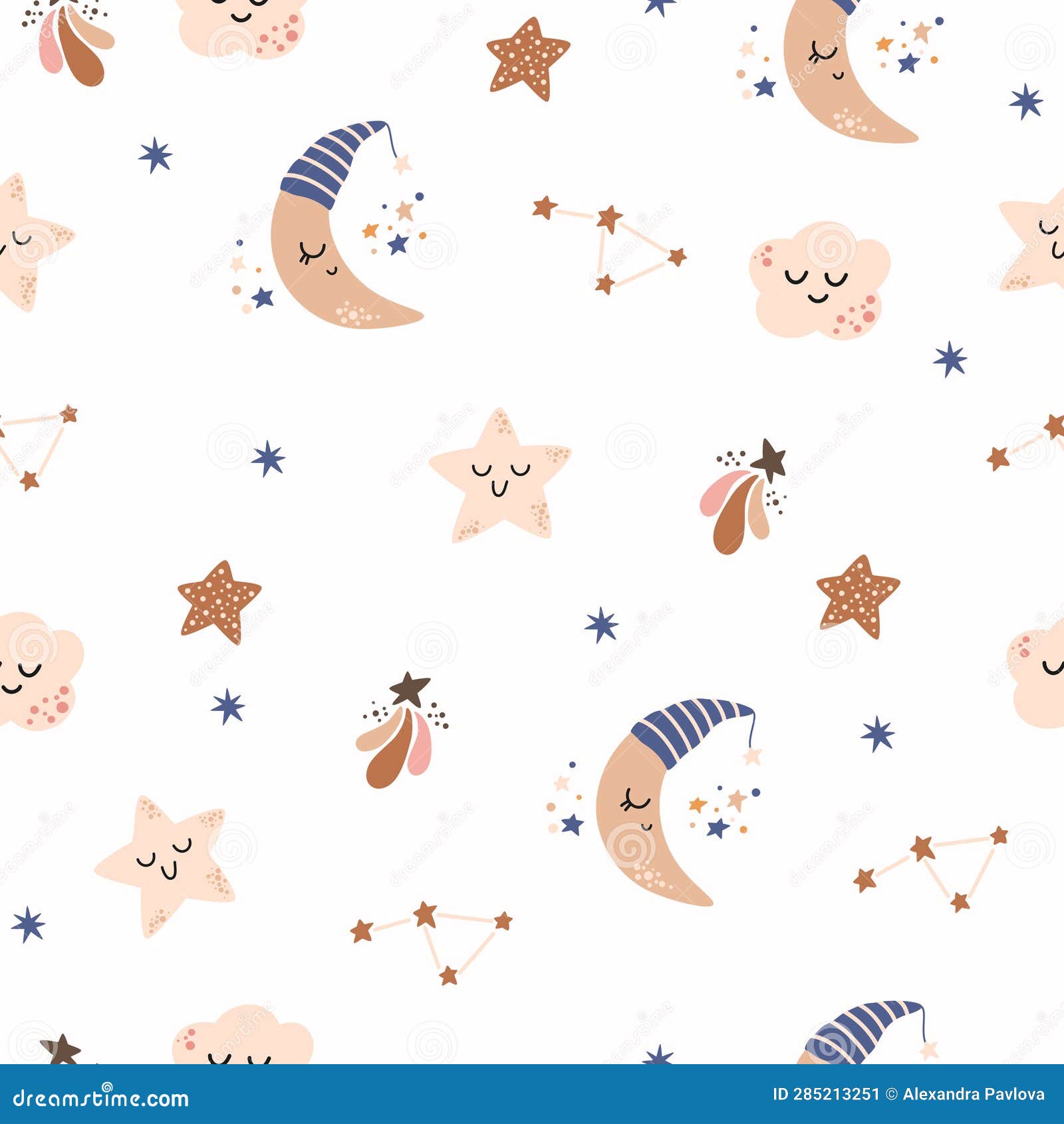 Seamless Childrens Hand-drawn Pattern with Cute Moons, Clouds and ...