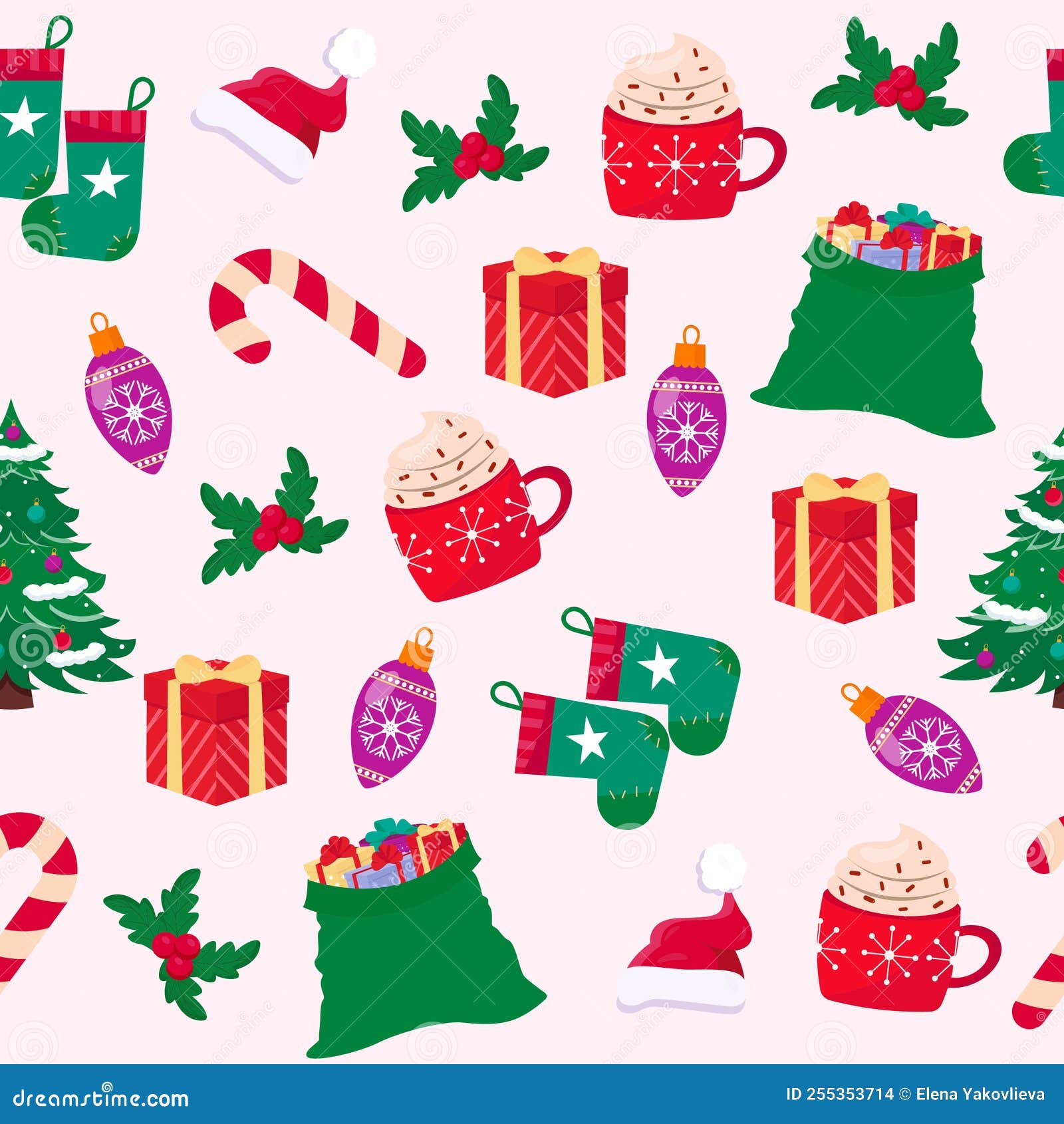Seamless Christmas Pattern with Decoration on Light Background. Vector ... Seamless Christmas Pattern with Decoration on Light Background. Vector ...