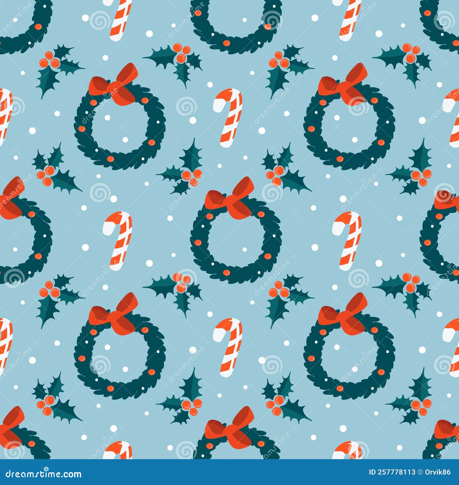 Seamless Christmas Pattern with Christmas Wreaths, Candy Canes, Holly ...