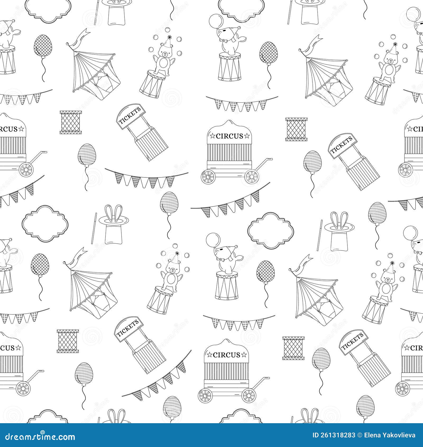 Seamless Circus Outline Pattern. Circus with Elements Stock Vector - Illustration of retro ...
