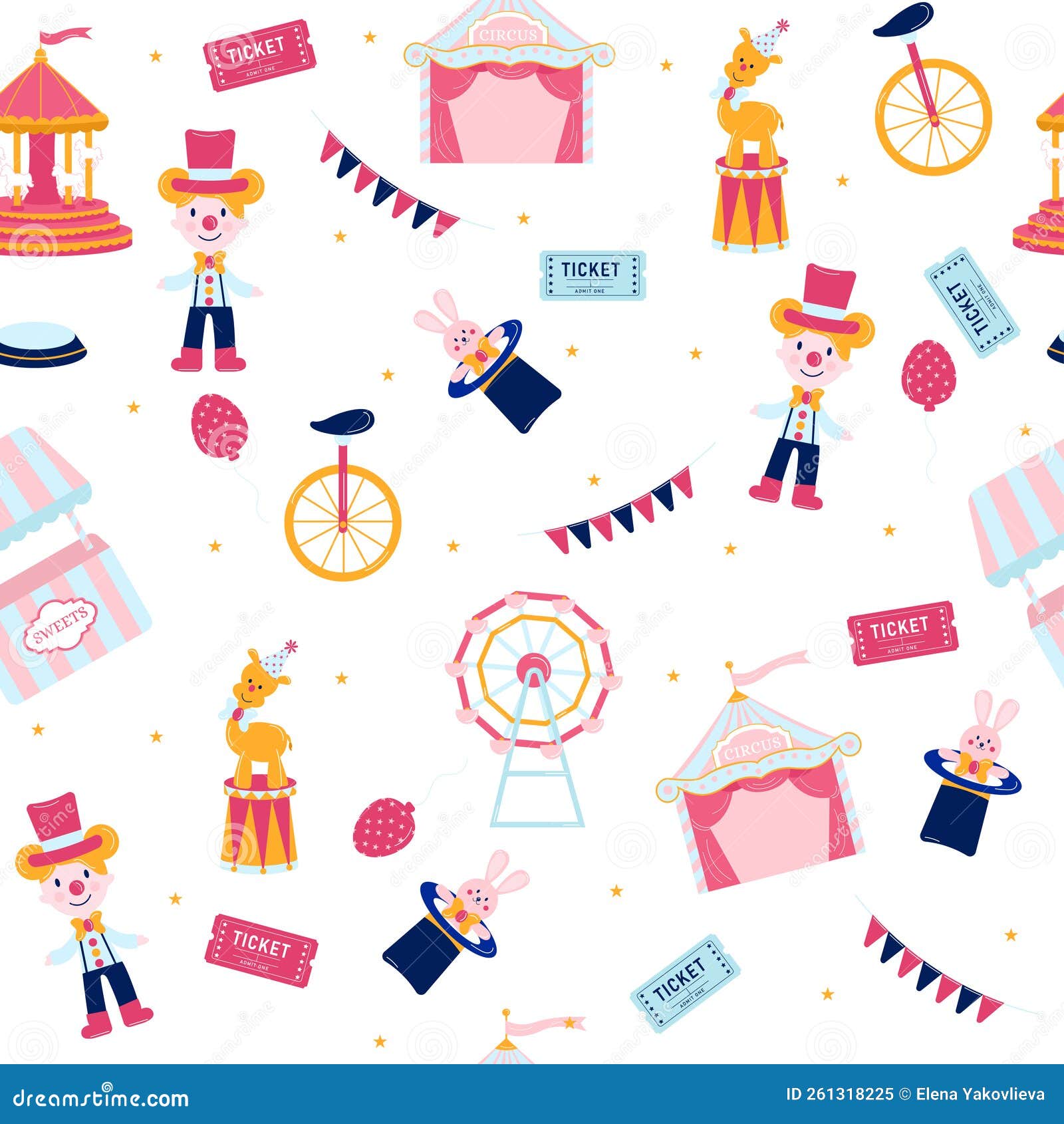 Seamless Circus Pattern. Pink Circus with Elements on White Background Stock Vector ...