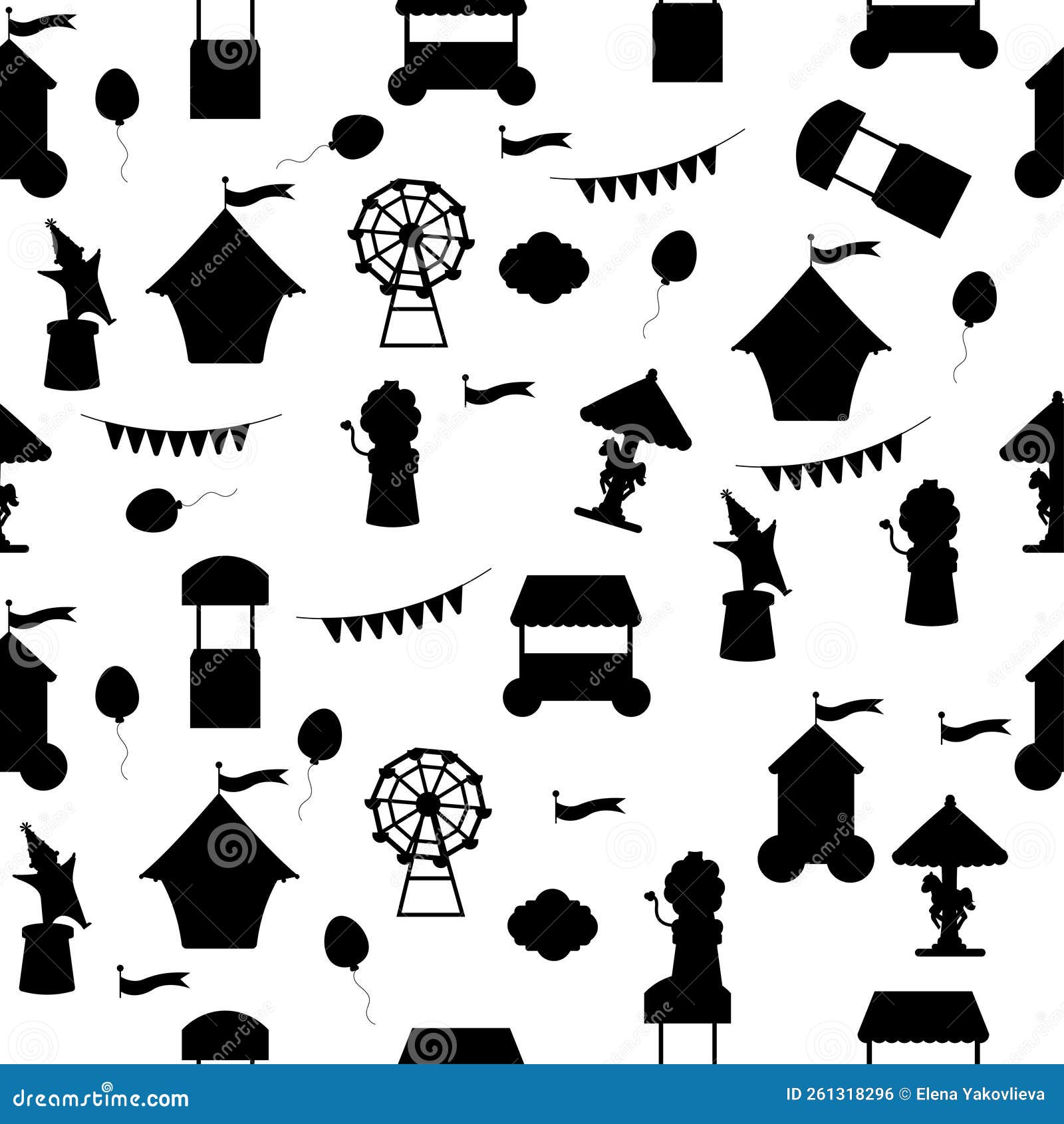 Seamless Circus Silhouette Pattern. Circus with Elements Carousel, Tent, Clown Stock Vector ...