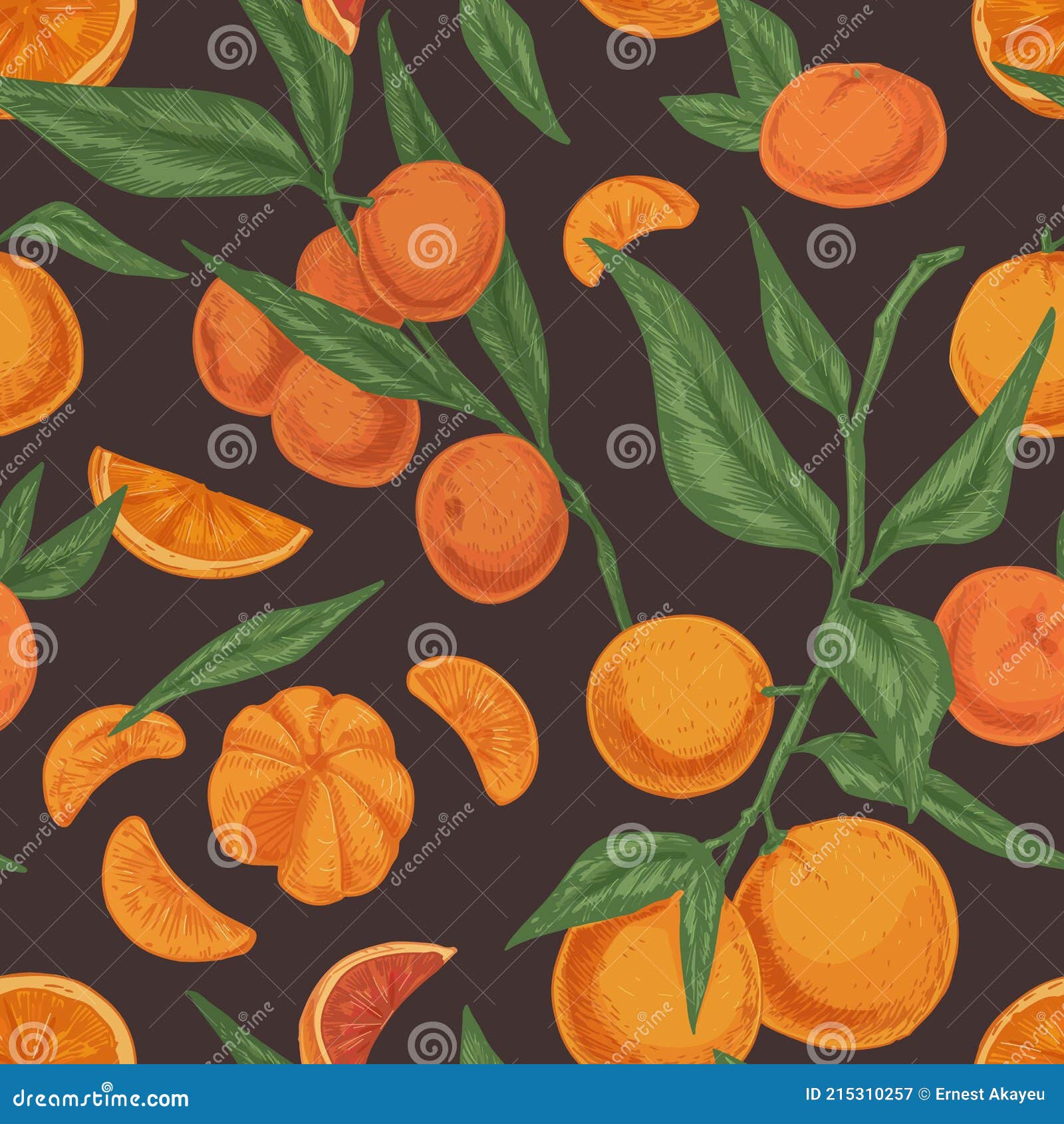 Seamless Citrus Pattern with Clementines or Tangerines, Leaves and ...