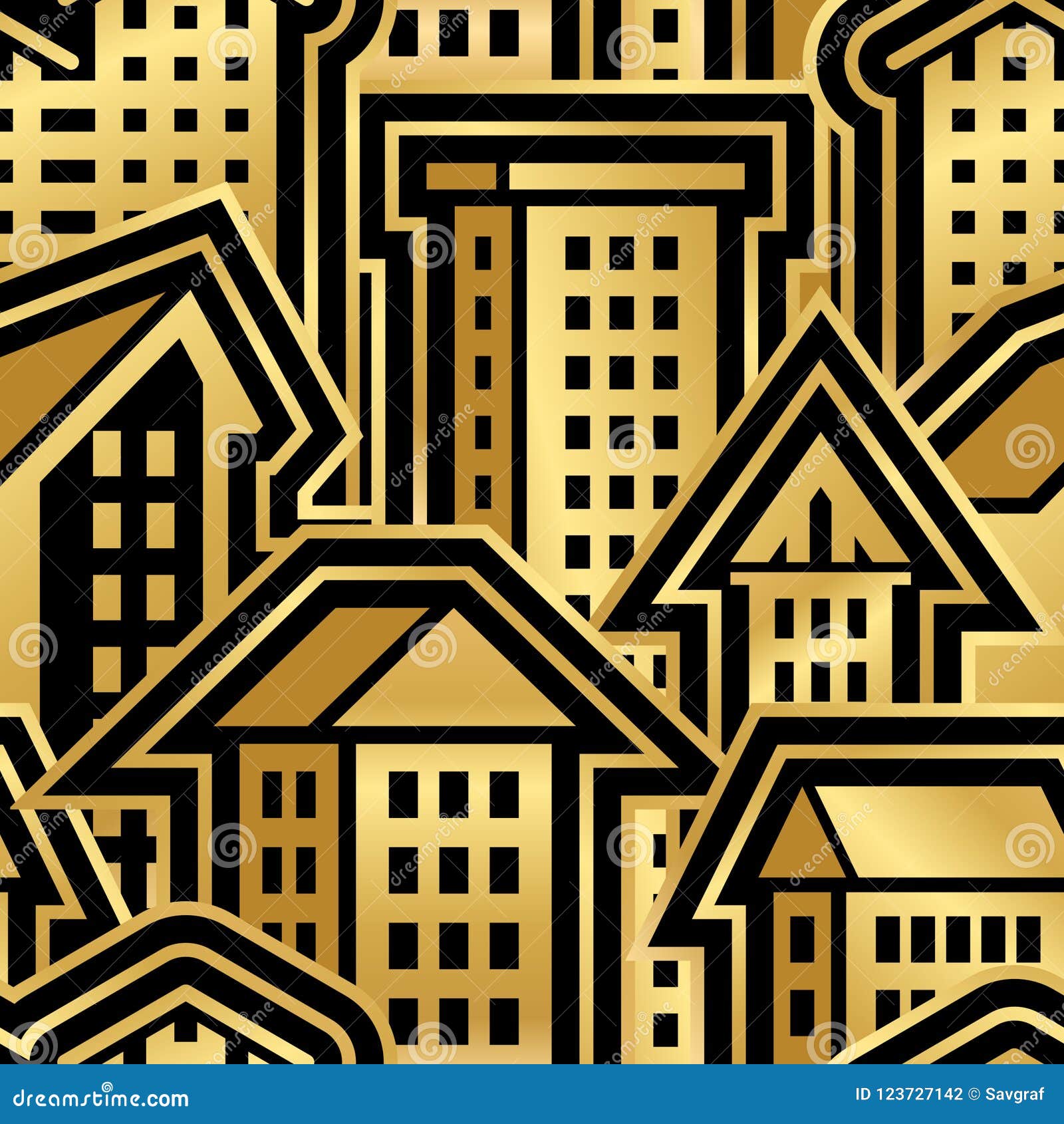 Seamless City Pattern in Golden Style Stock Vector - Illustration of ...
