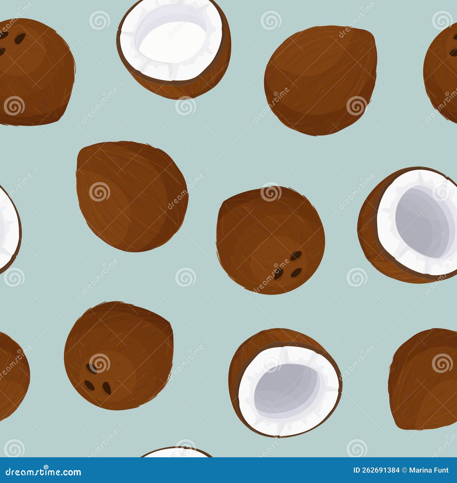Seamless Coconut Pattern on Pale Blue. Cutaway Coconut Fruit Stock ...