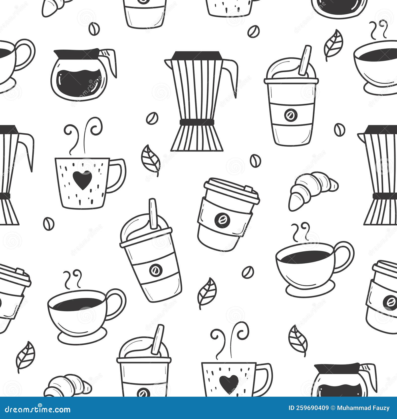 Seamless Coffee Doodle Pattern with a Black and White Design Stock ...