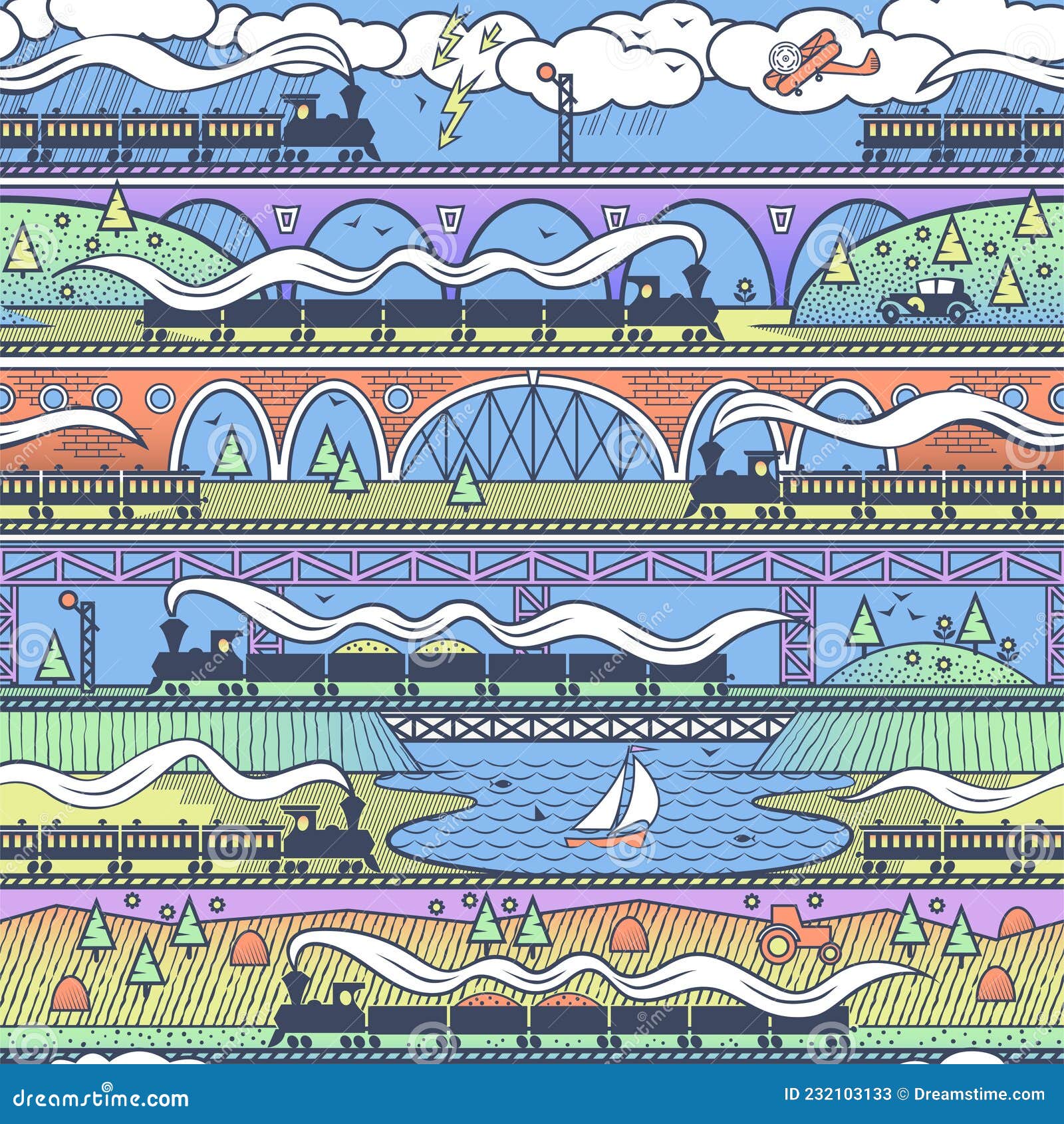 Seamless Color Pattern With Trains And Road. Cartoon Background For ...
