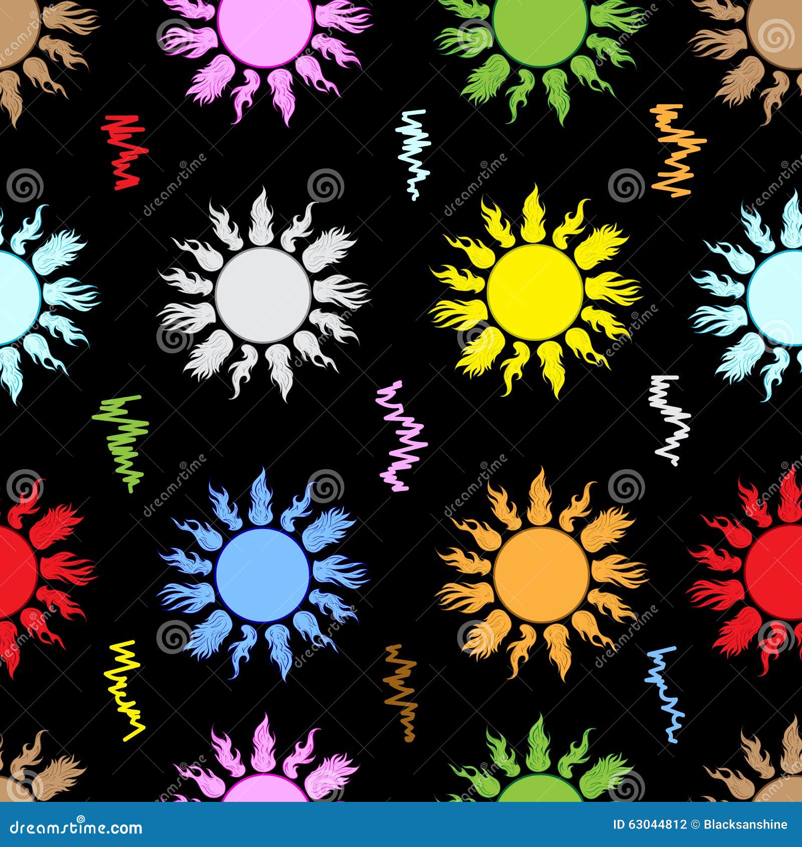 Seamless Color Sun on the Black Stock Vector - Illustration of design ...