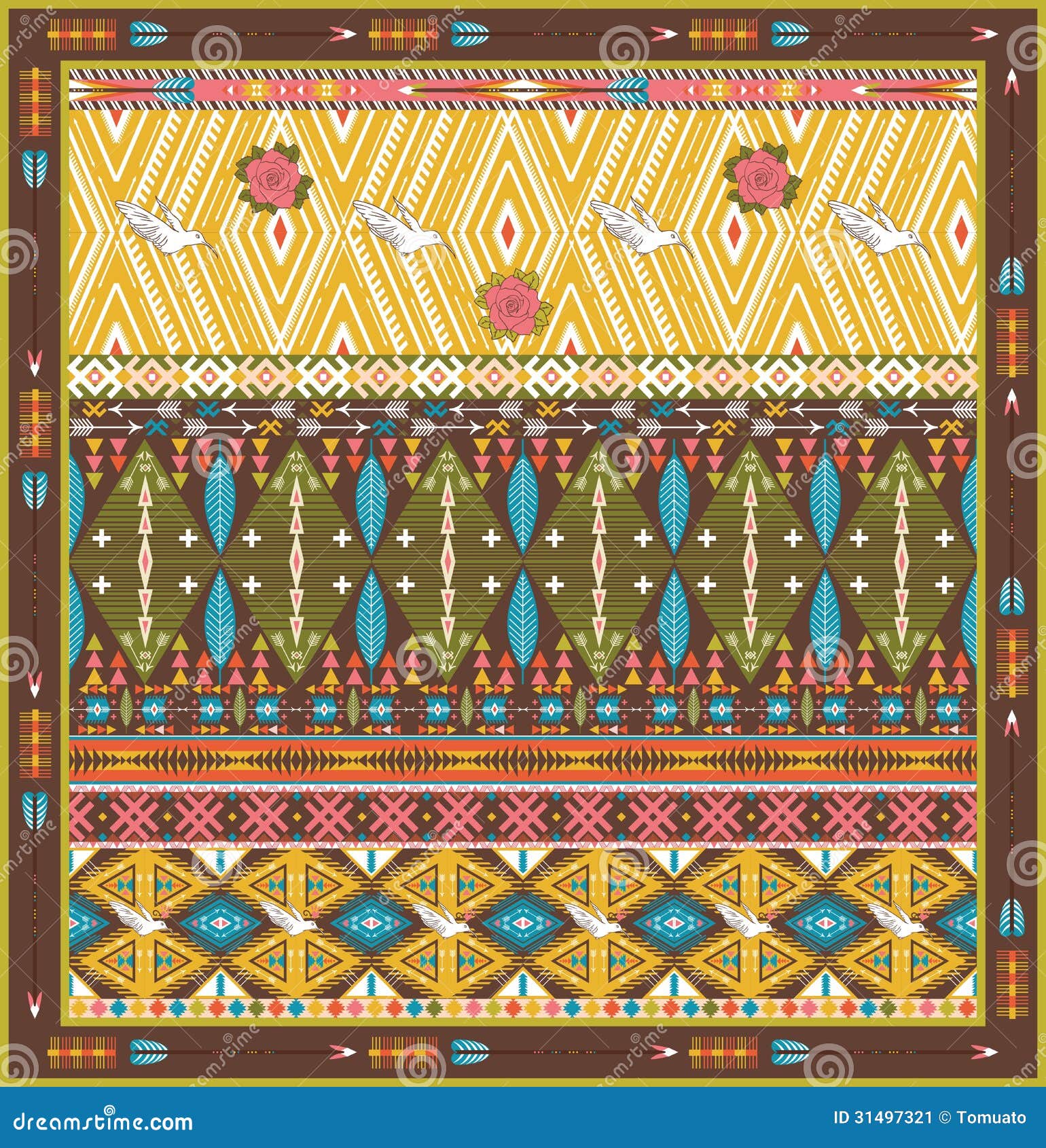 Seamless Colorful Aztec Rug with Birds, and Arrow Stock Illustration ...