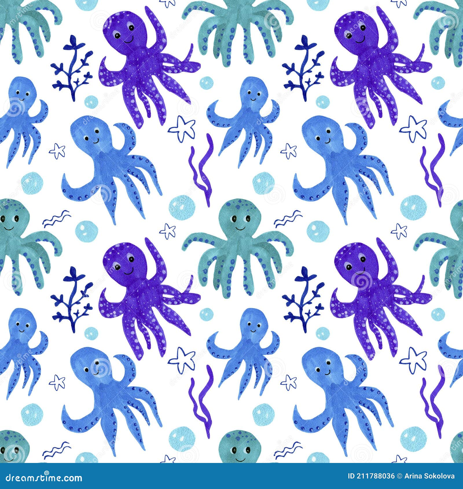 Seamless Colorful Pattern with Different Octopus Illustrations. Stock ...