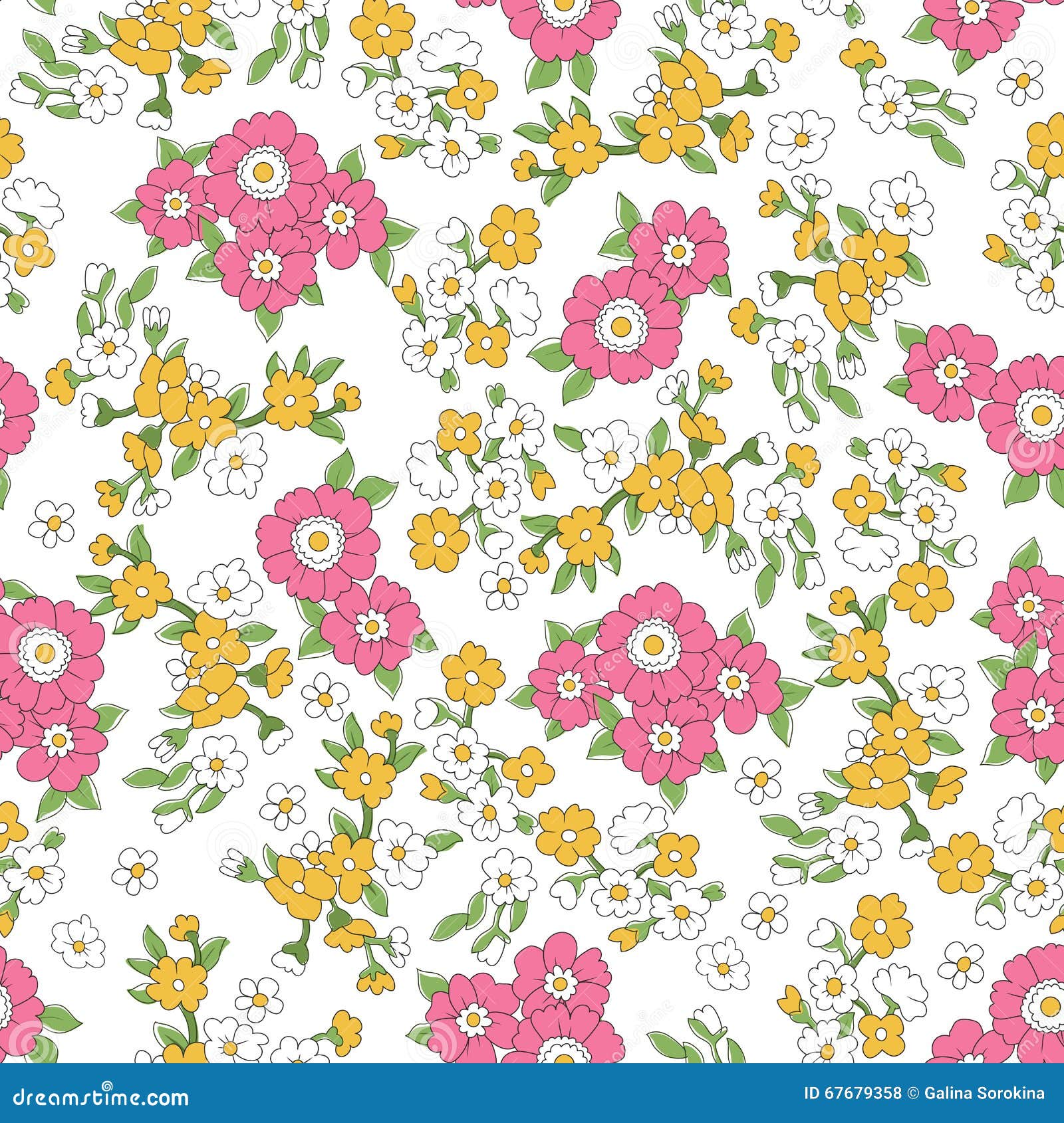 Seamless Colorful Vector Pattern with Pink, Yellow Flowers and Leaves ...