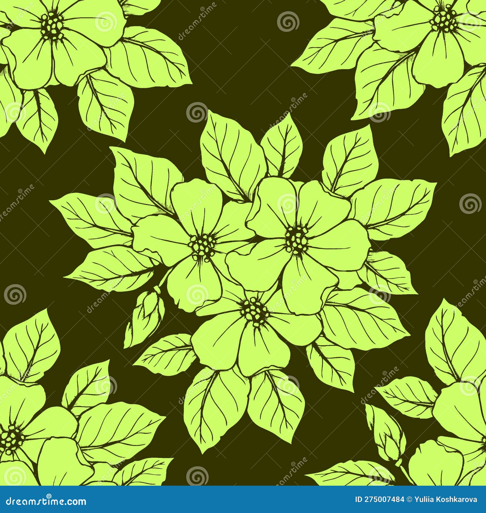 Seamless Contour Pattern of Large Green Flowers on an Olive Background ...