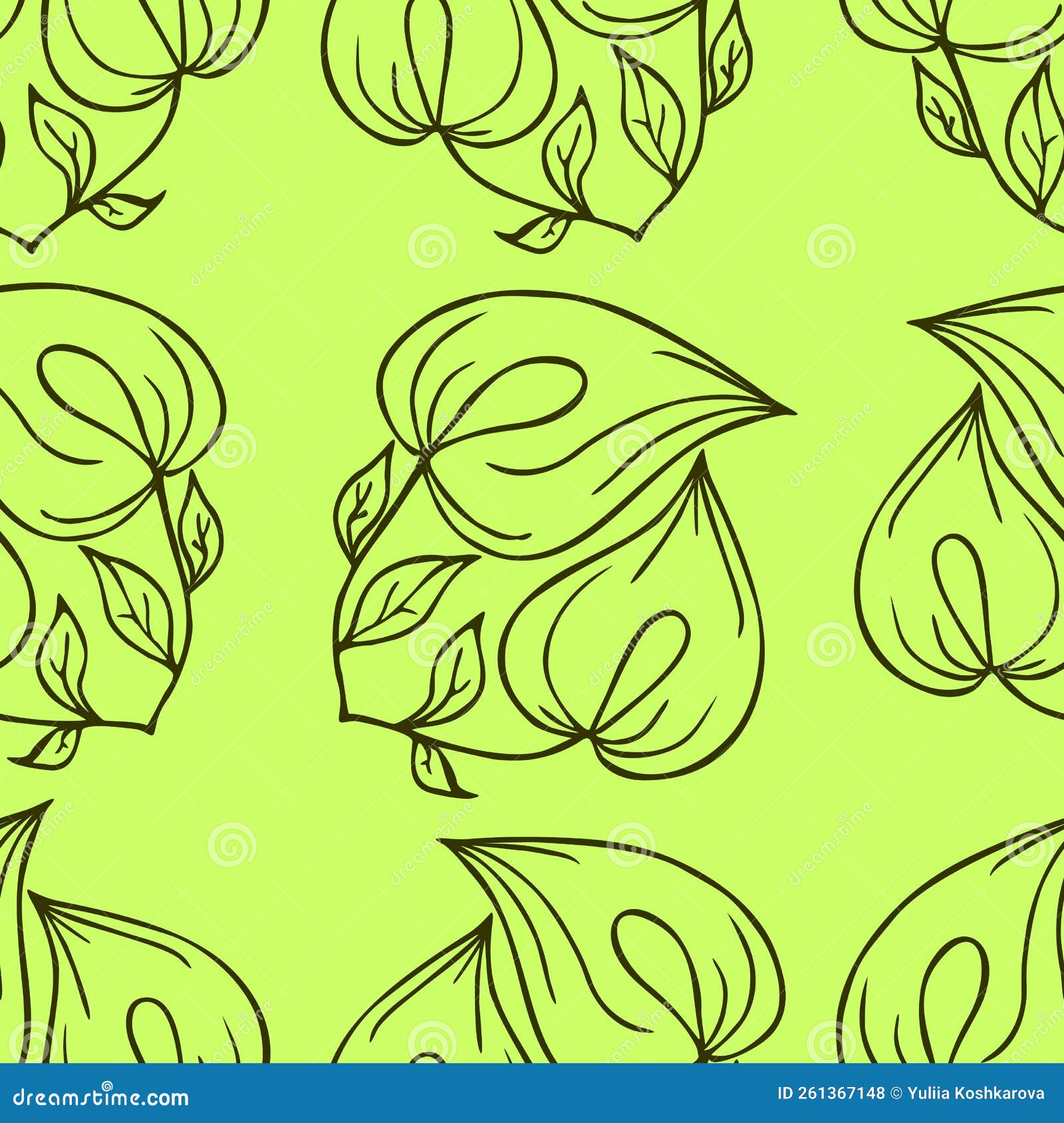 Seamless Contour Pattern of Large Olive Graphic Flowers on a Green ...