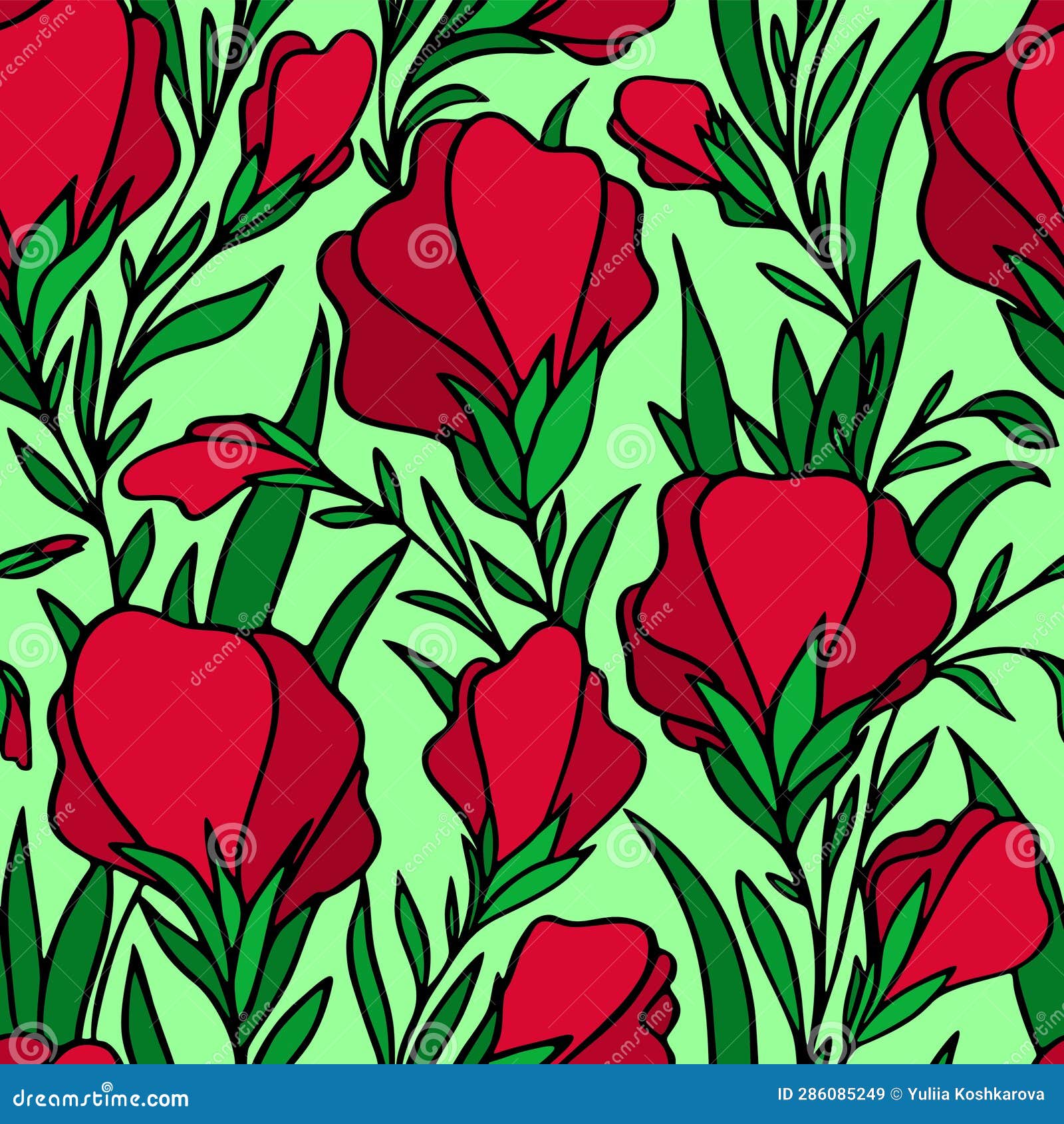 Seamless Contour Pattern of Large Red Flowers on a Green Background ...